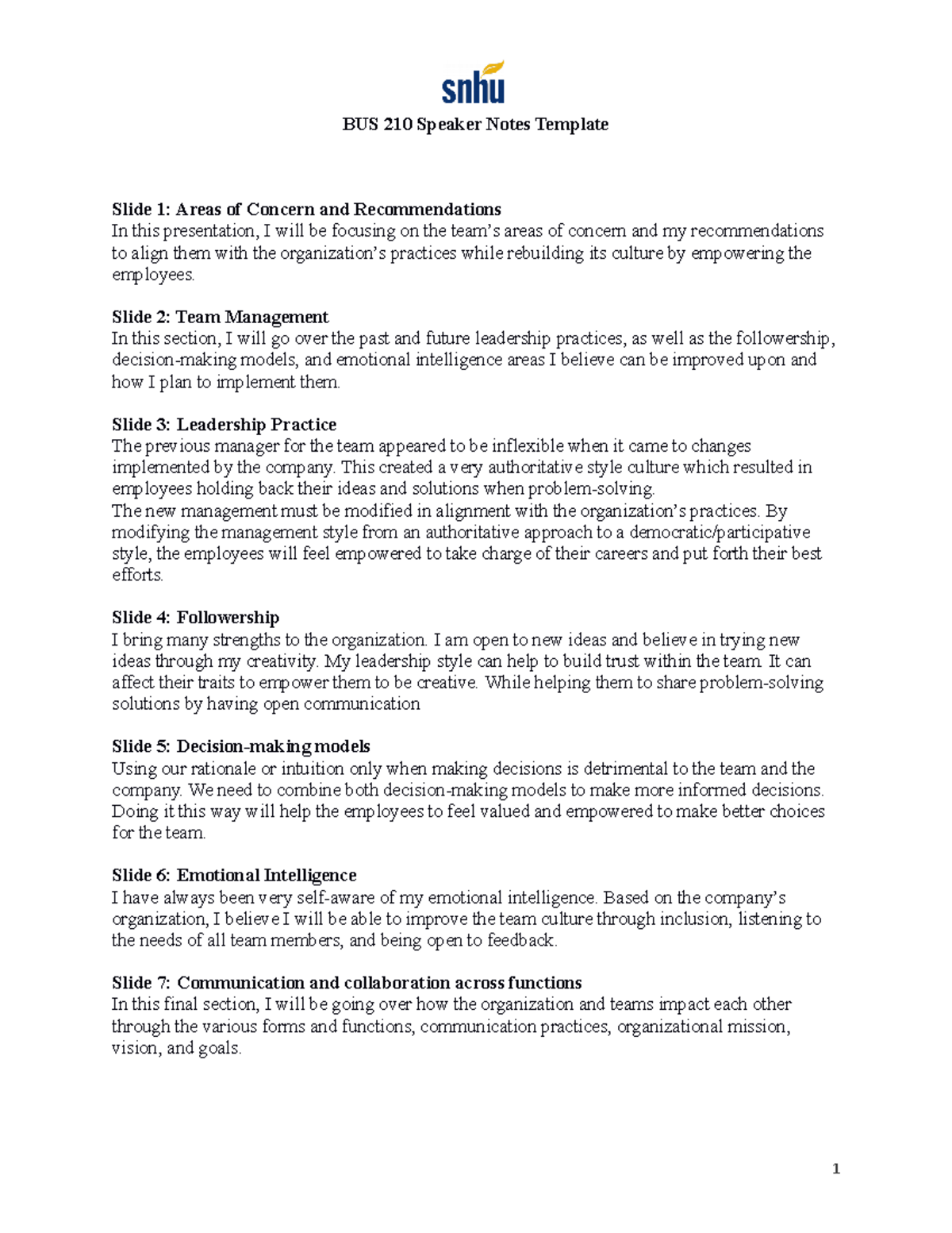 BUS 210 Project One: Speaker Notes on Team Empowerment Strategies - Studocu