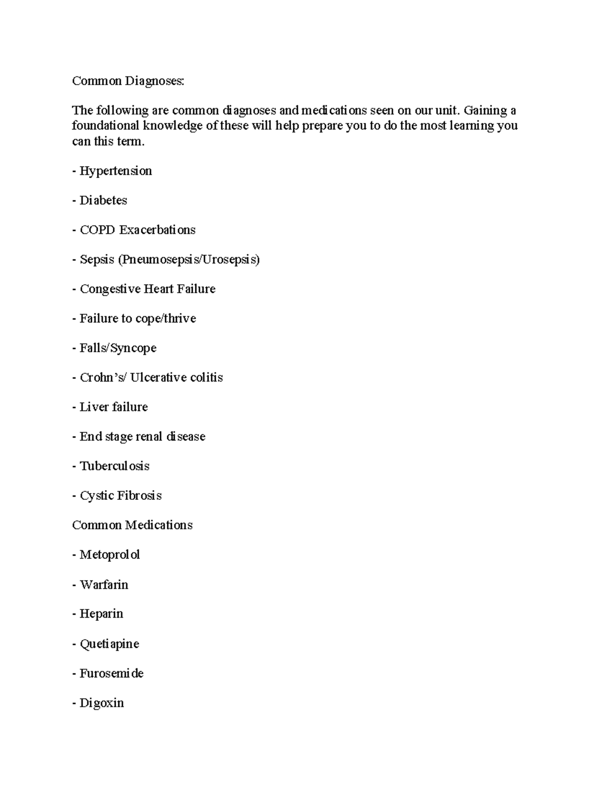 Common Diagnoses - good - Common Diagnoses: The following are common ...