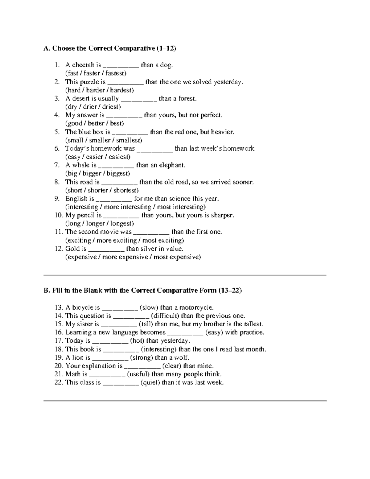 Elementary Grammar Comparatives & Adverbs Practice (ENG 101) - Studocu
