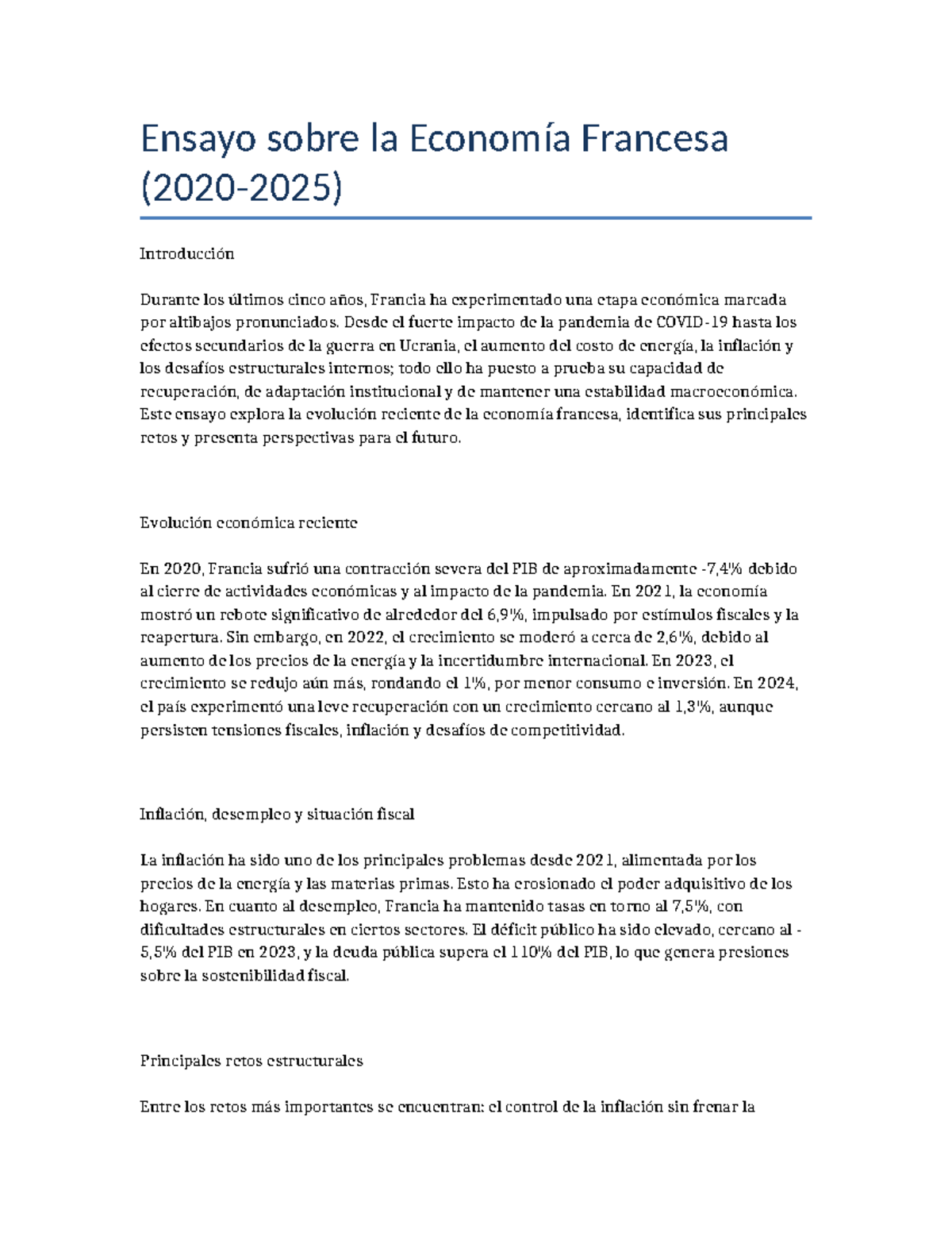 Ensayo sobre la Economía Francesa: Retos y Perspectivas - Studocu