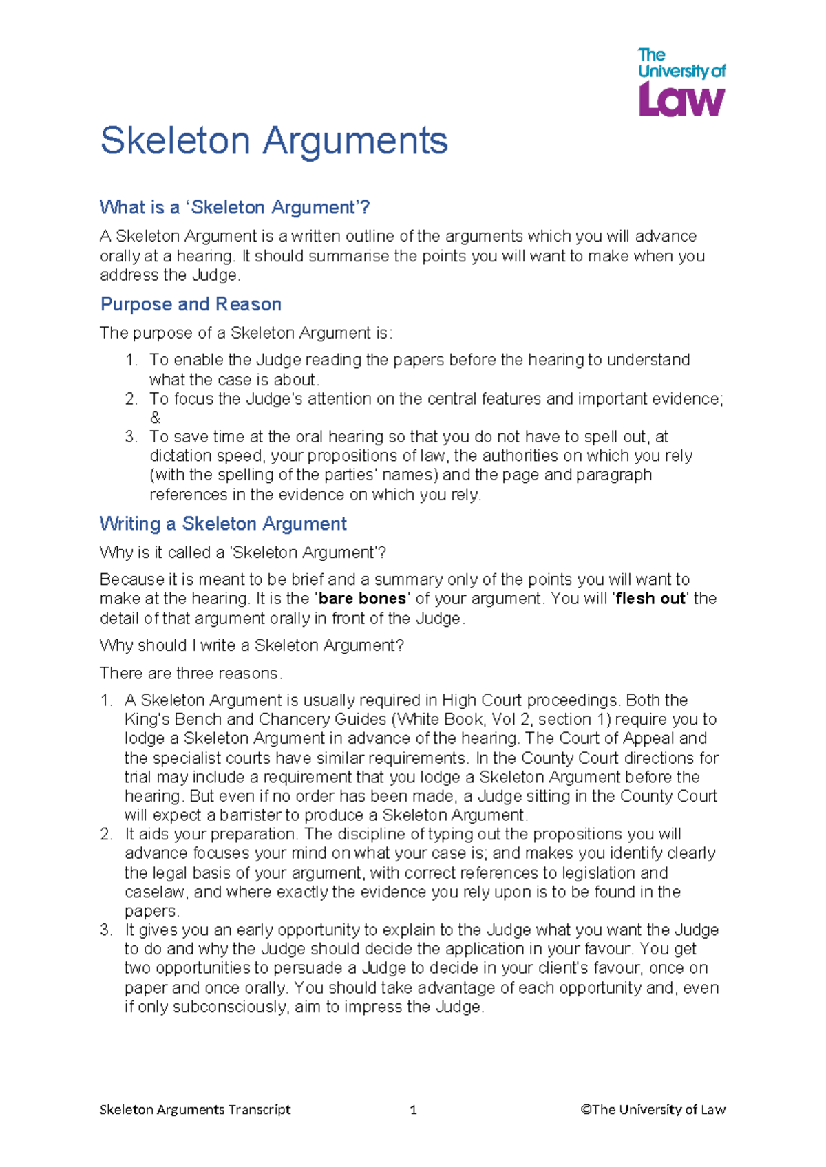 Skeleton Arguments Guide for Course 003510: Essential Outline ...