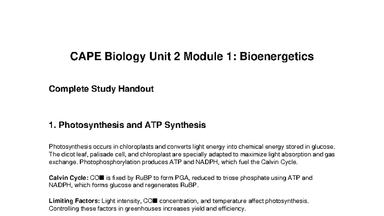 CAPE Biology Unit 2 Module 1: Bioenergetics Study Guide - Studocu