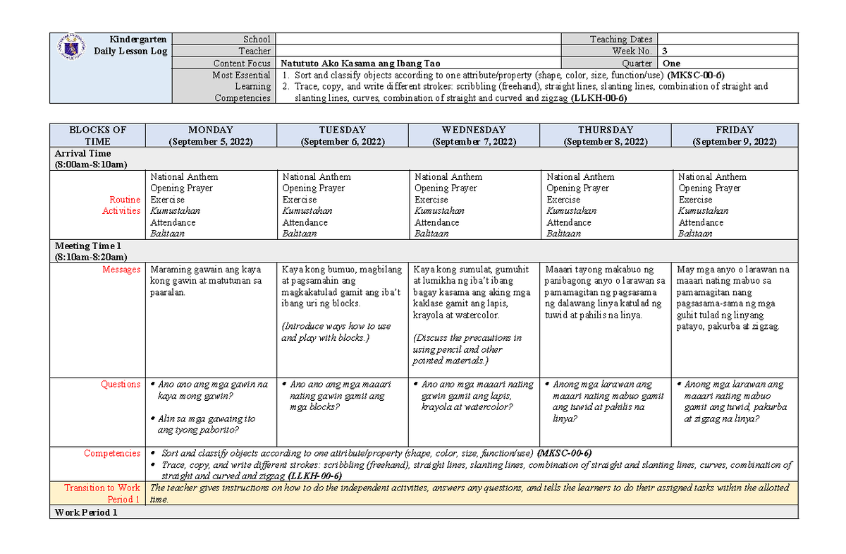 Kindergarten DLL MELC Q1 Week 3 Daily Lesson Log - Studocu
