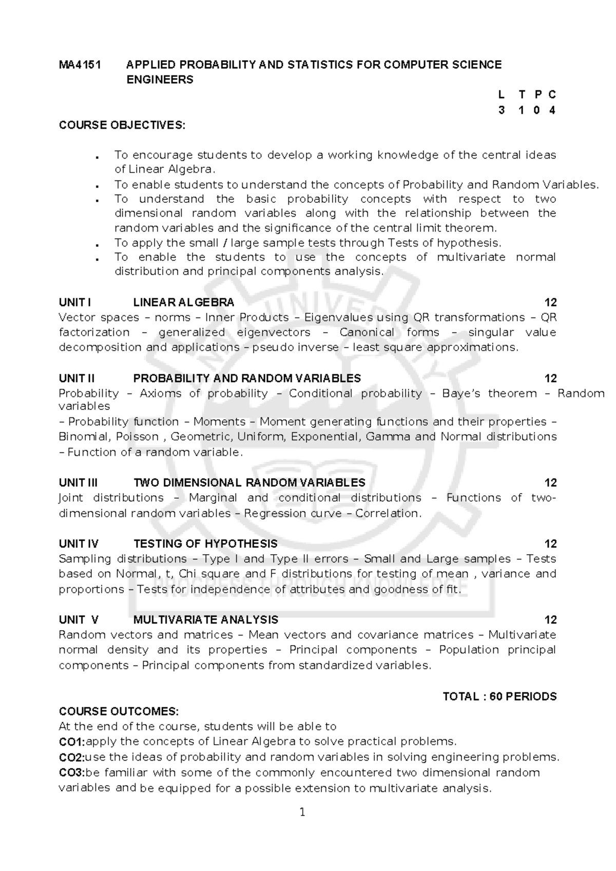 MA4151 Applied Probability & Statistics Syllabus for Engineers - Studocu