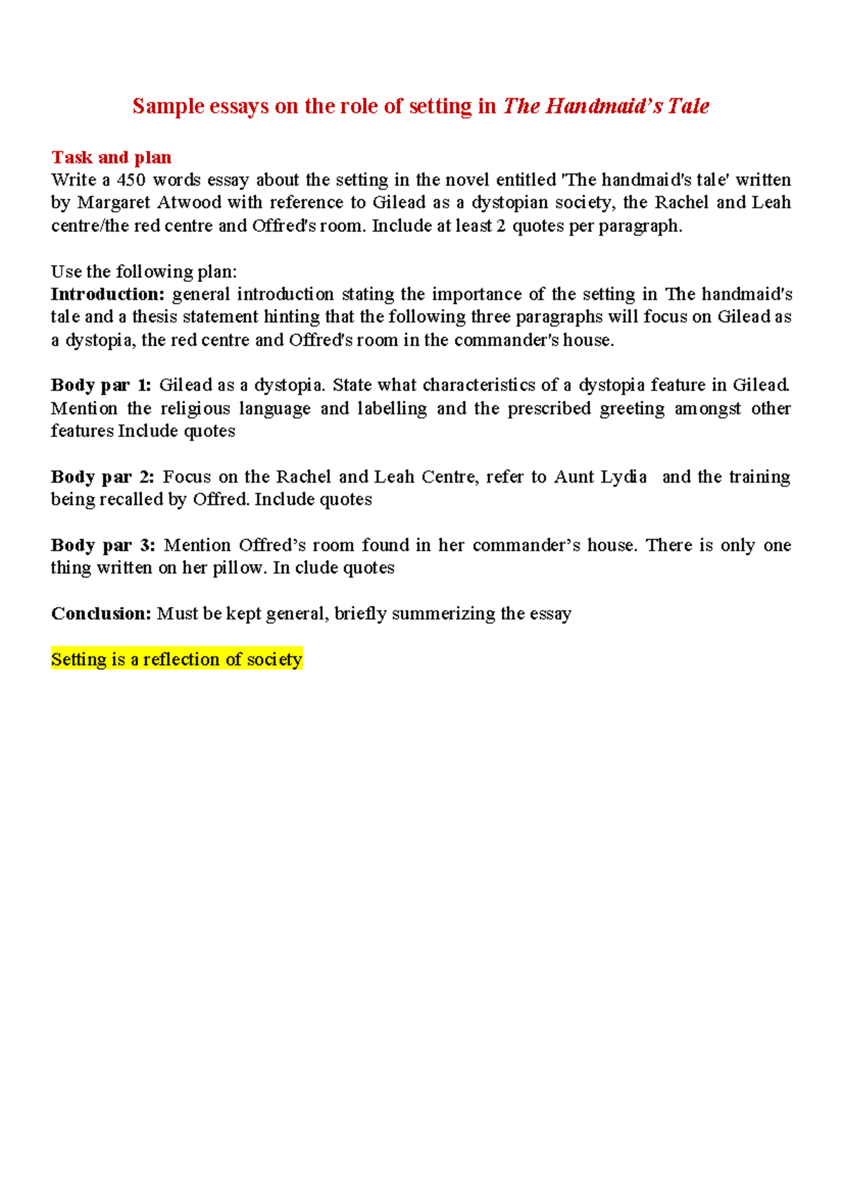 Sample Essays on the Role of Setting in The Handmaid’s Tale (ENG101 ...