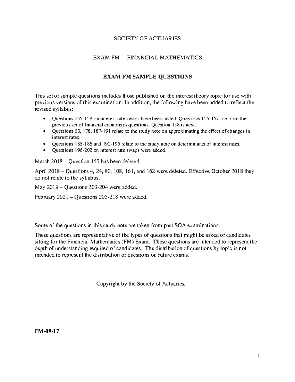SOCIETY OF ACTUARIES EXAM FM SAMPLE QUESTIONS & SOLUTIONS - Studocu