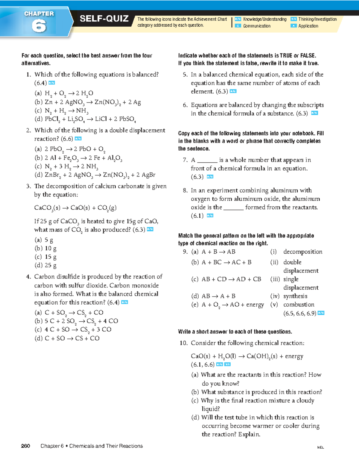 Chapter 6 Self Quiz: Understanding Chemical Reactions and Equations ...