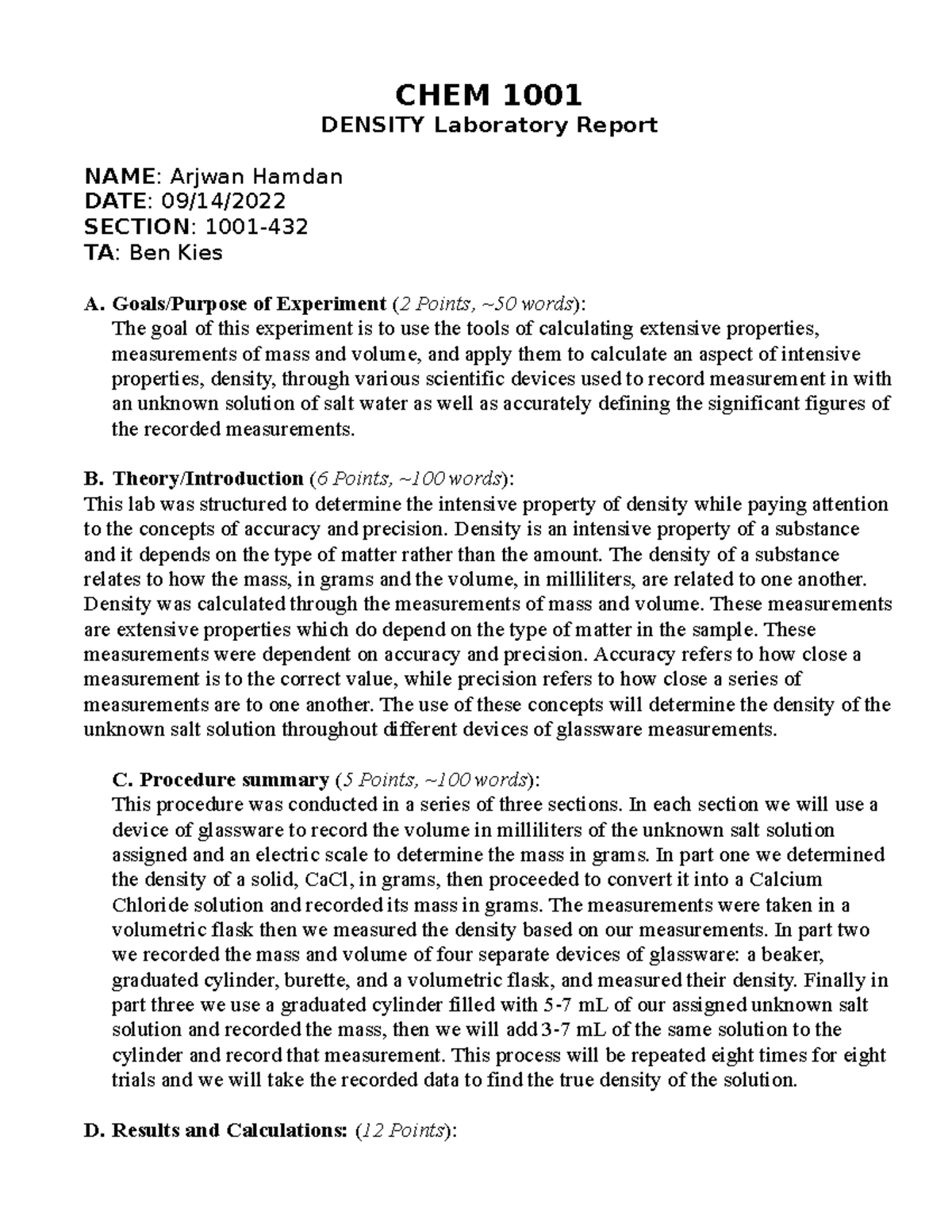 CHEM 1001: Density Lab Report on Salt Water Solutions - Studocu