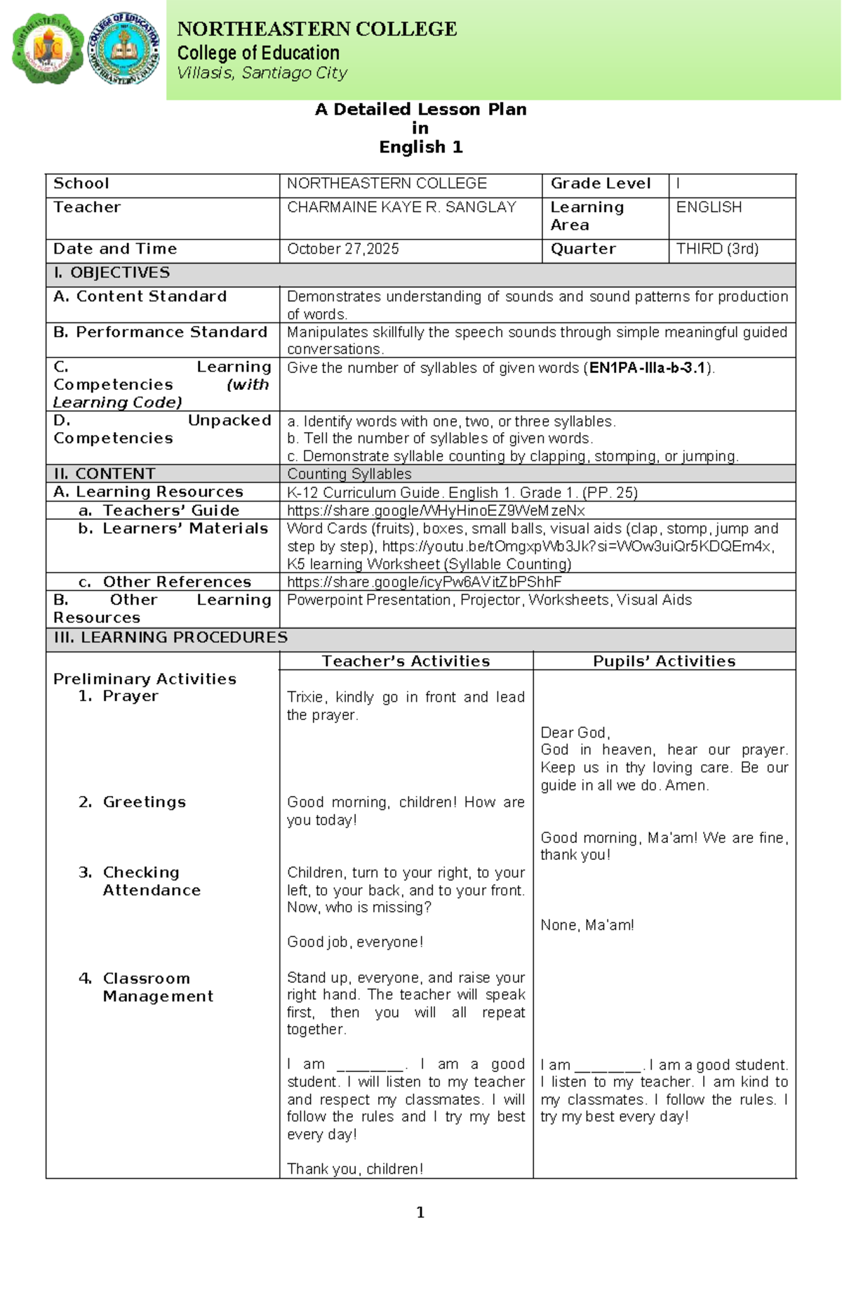 DLP: Detailed Lesson Plan for English 1 (Grade 1) - Studocu