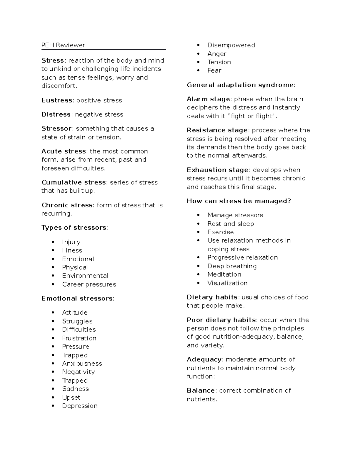 PEH-2nd-quarter - notes - PEH Reviewer Stress: reaction of the body and ...
