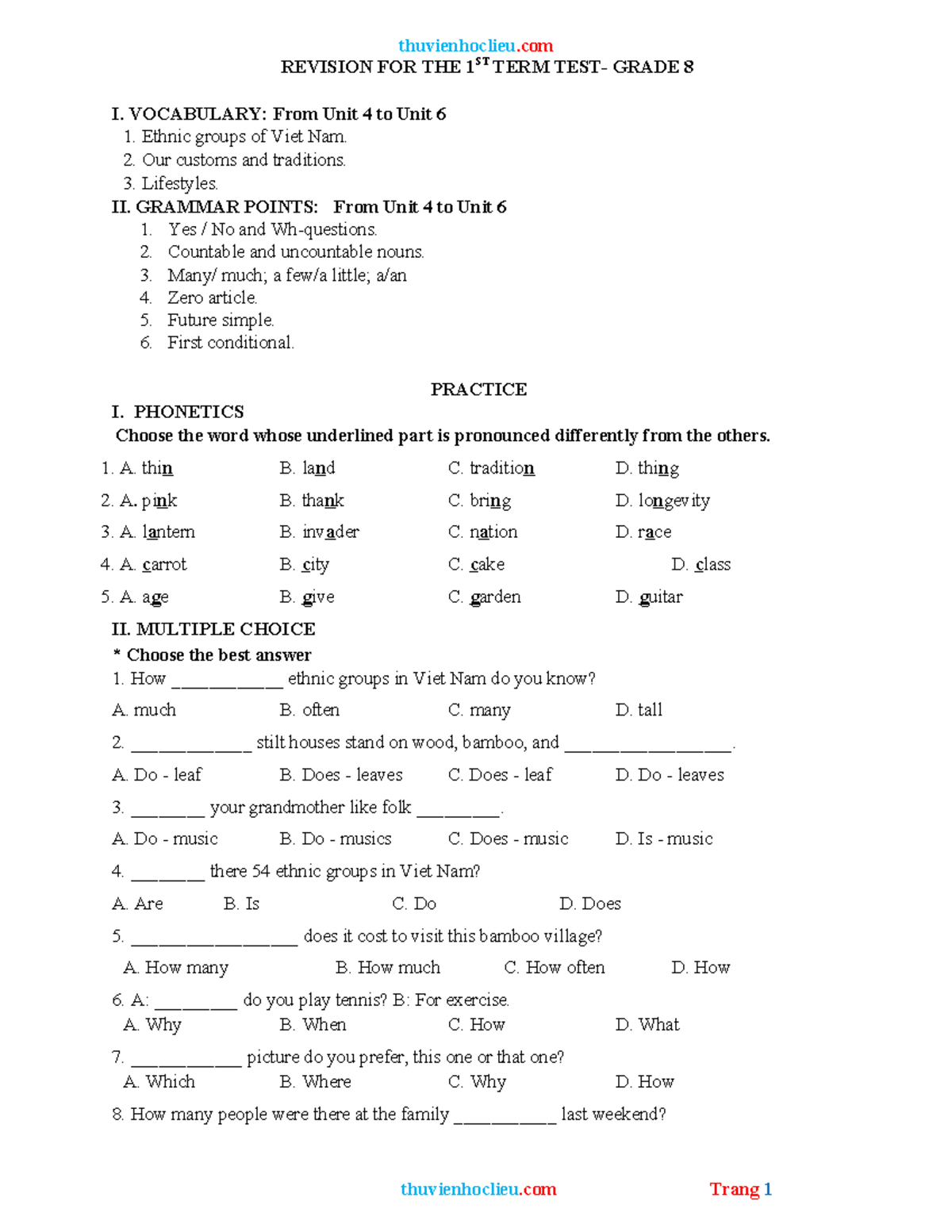 REVISION FOR GRADE 8 1ST TERM: VOCABULARY & GRAMMAR - Studocu
