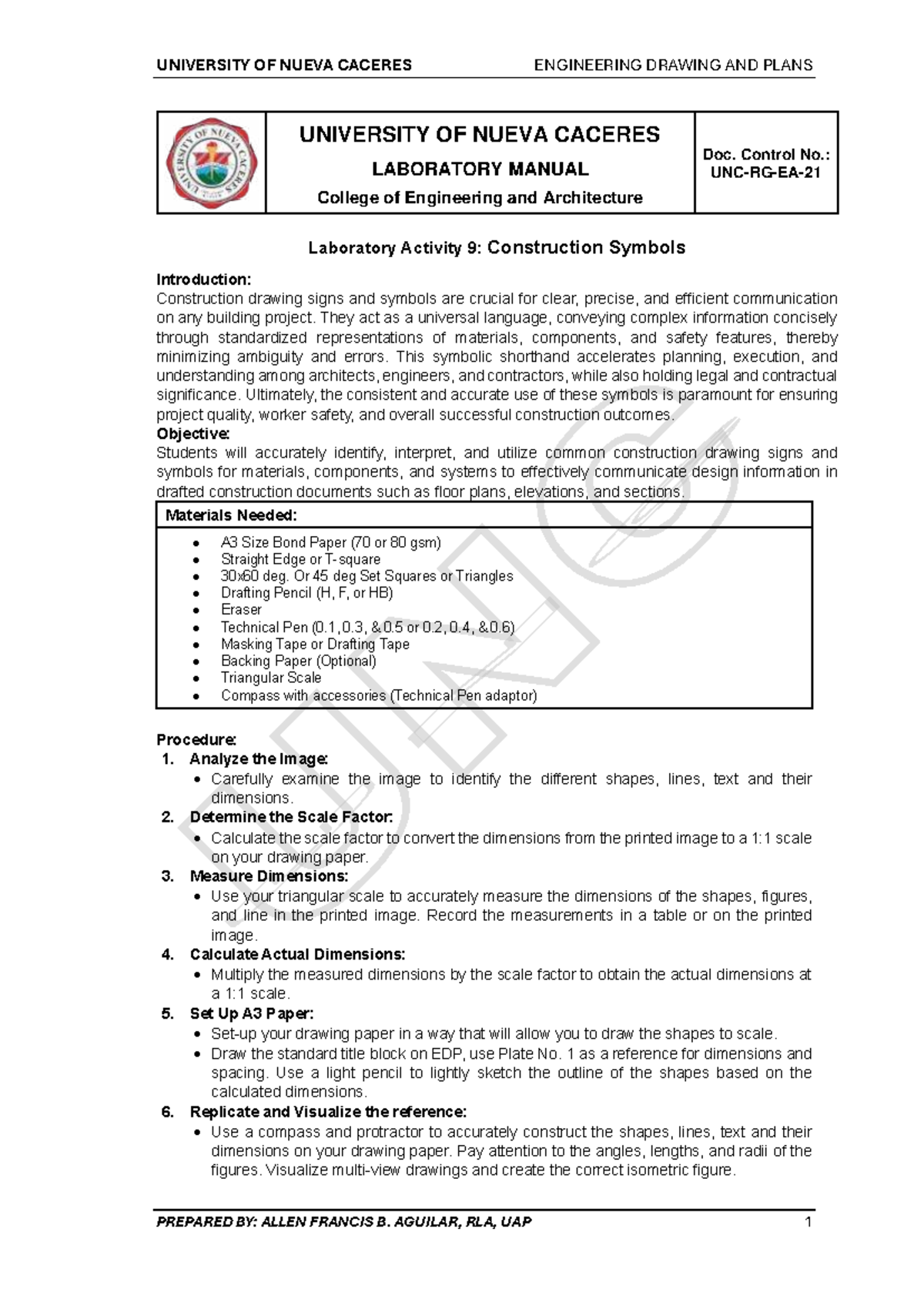 EDP 2023-24 Lab Manual: Activity 9 - Construction Symbols Guide - Studocu