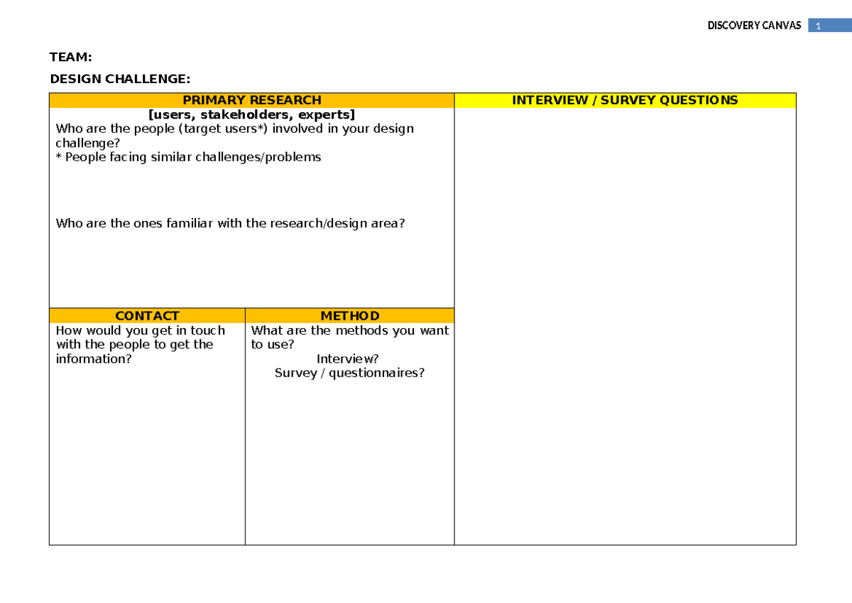 Discovery Canvas Template V2 - DISCOVERY CANVAS 1 TEAM: DESIGN ...