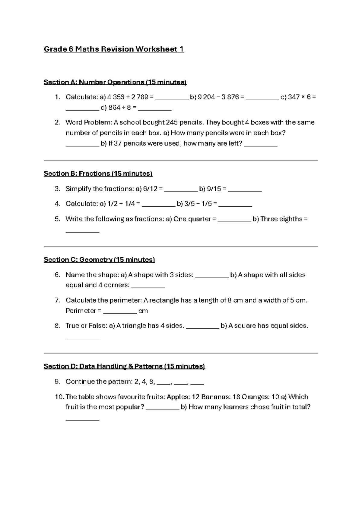 Grade 6 Maths Revision Worksheet 1: Number Ops, Fractions & Geometry ...