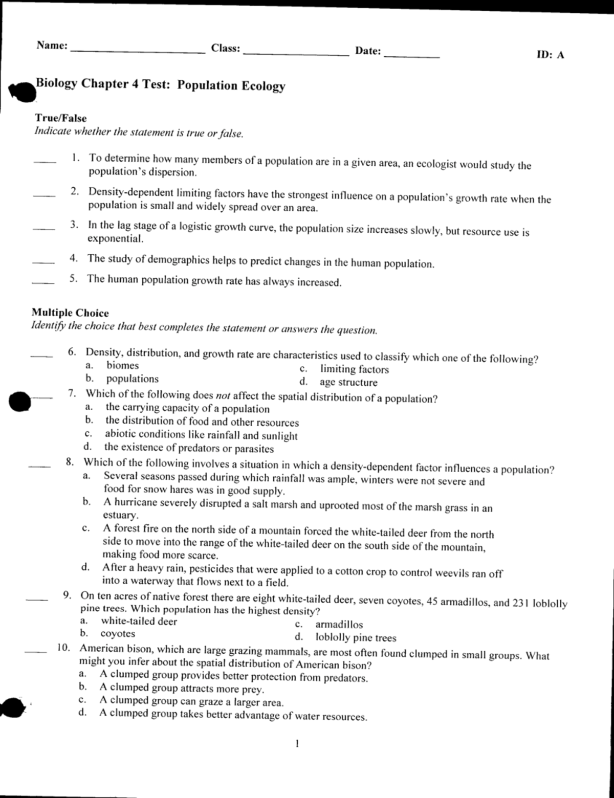 Biology 101: Chapter 4 Test on Population Ecology - Studocu