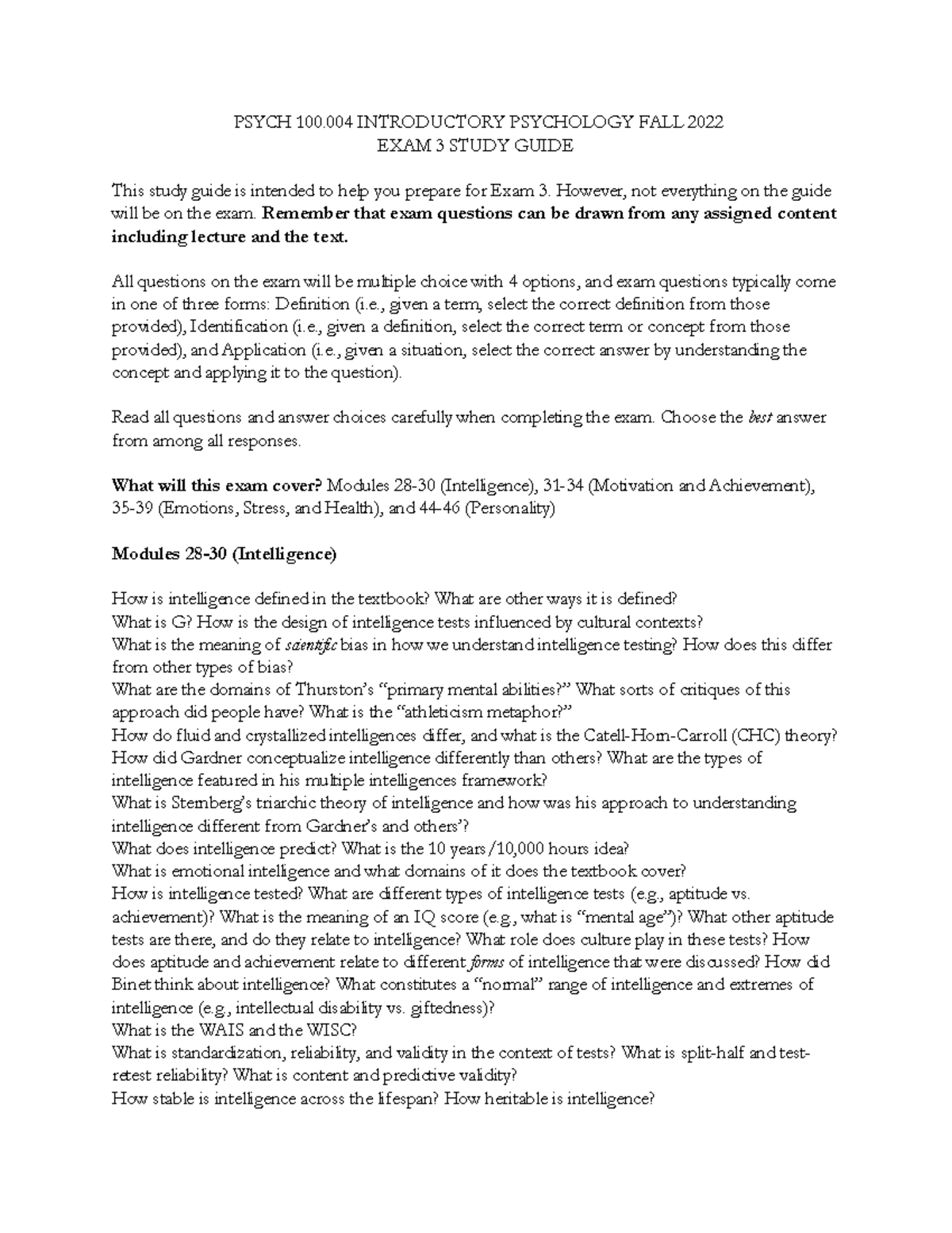 PSYCH 100.004 Exam 3 Study Guide: Intelligence, Motivation, & Emotions ...