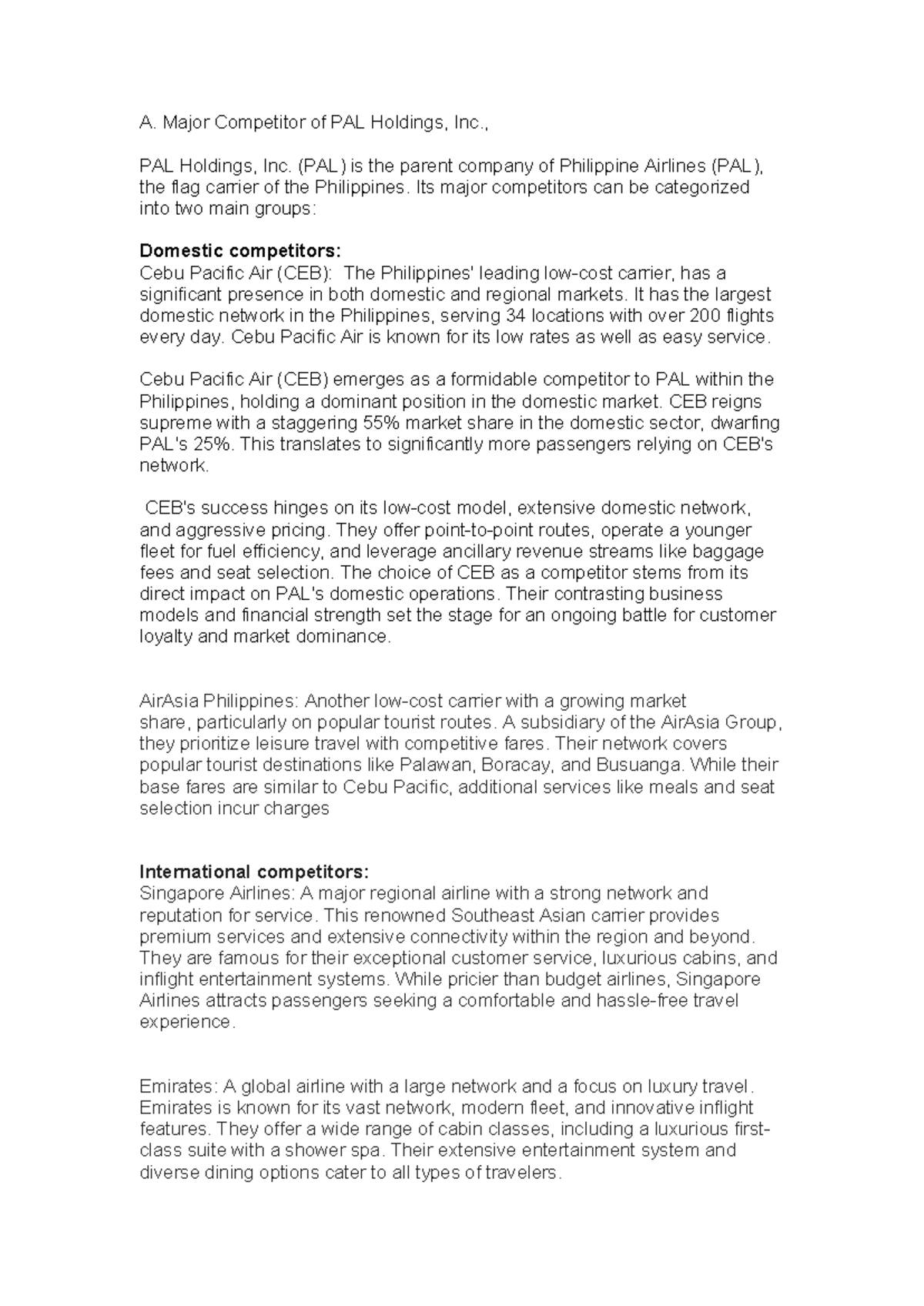 Major Competitors of PAL Holdings, Inc.: A Comprehensive Overview - Studocu