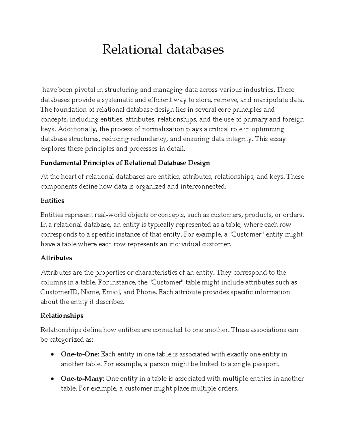 Essay Relational Databases ,Silvano Shanelashleyb - Relational databases have been pivotal in ...