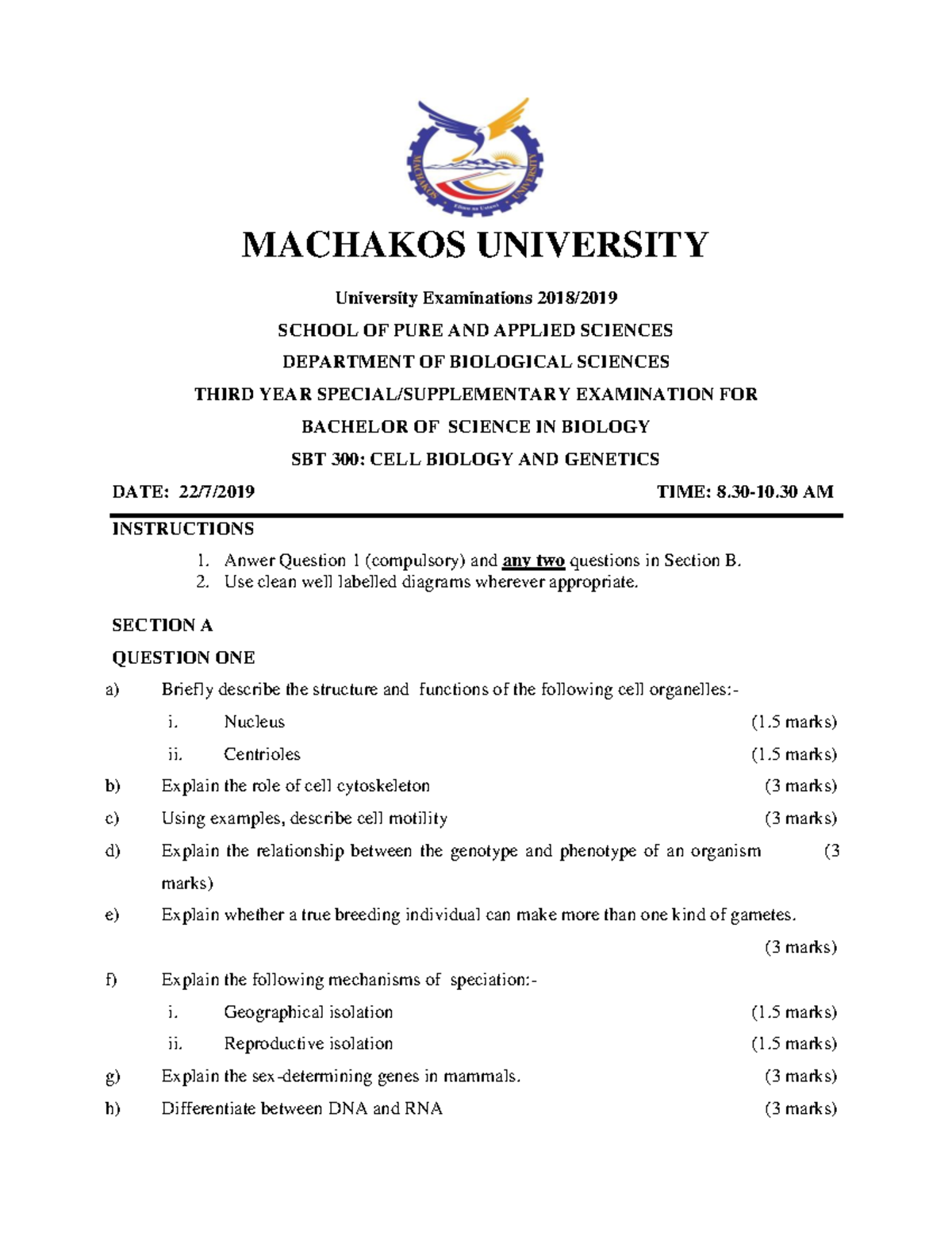 SBT 300: Cell Biology and Genetics Exam Questions and Guidelines - Studocu
