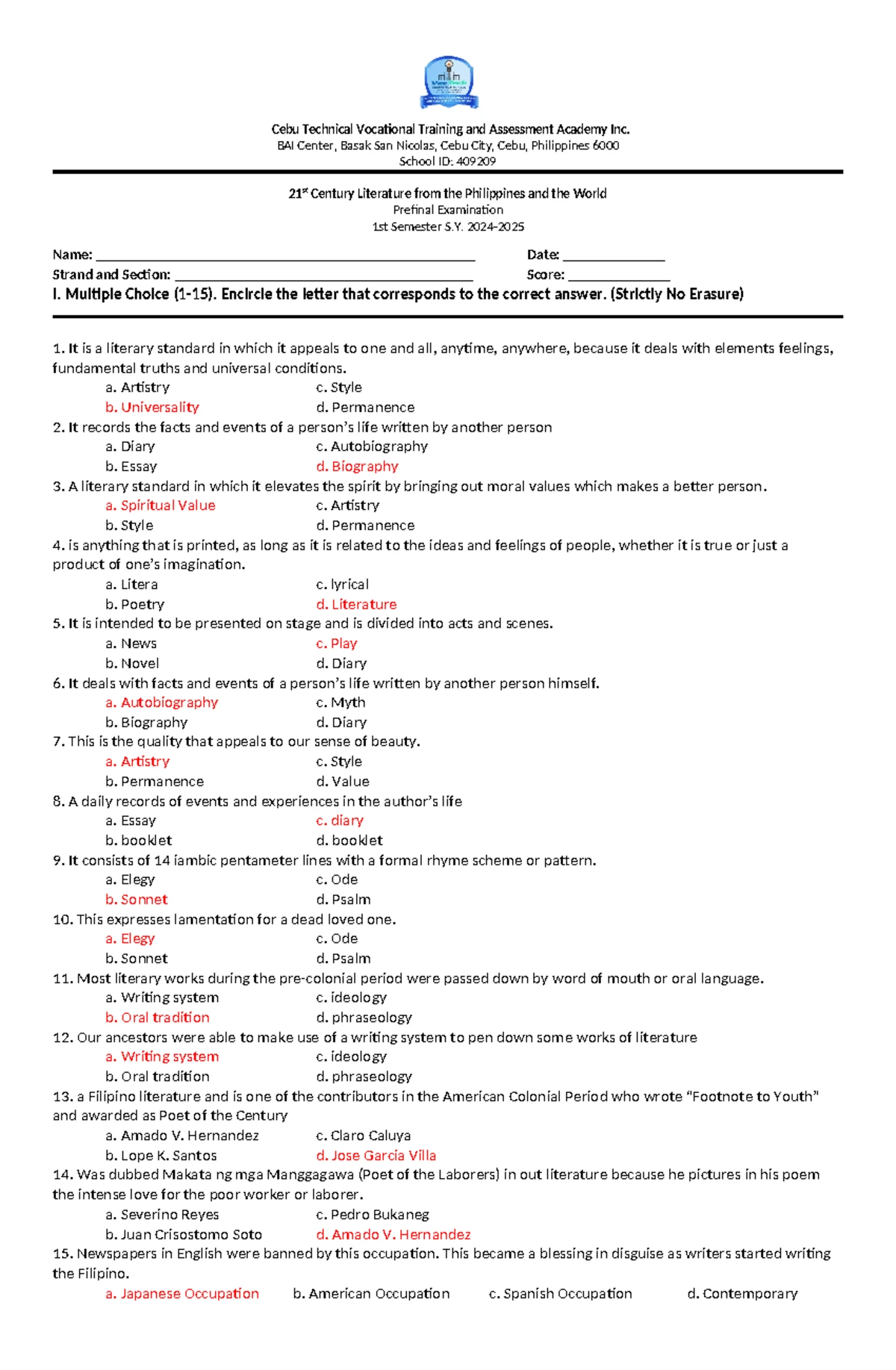 Prelim Exam Answer Key for 21st Century Literature (1st Sem S. 2024 ...