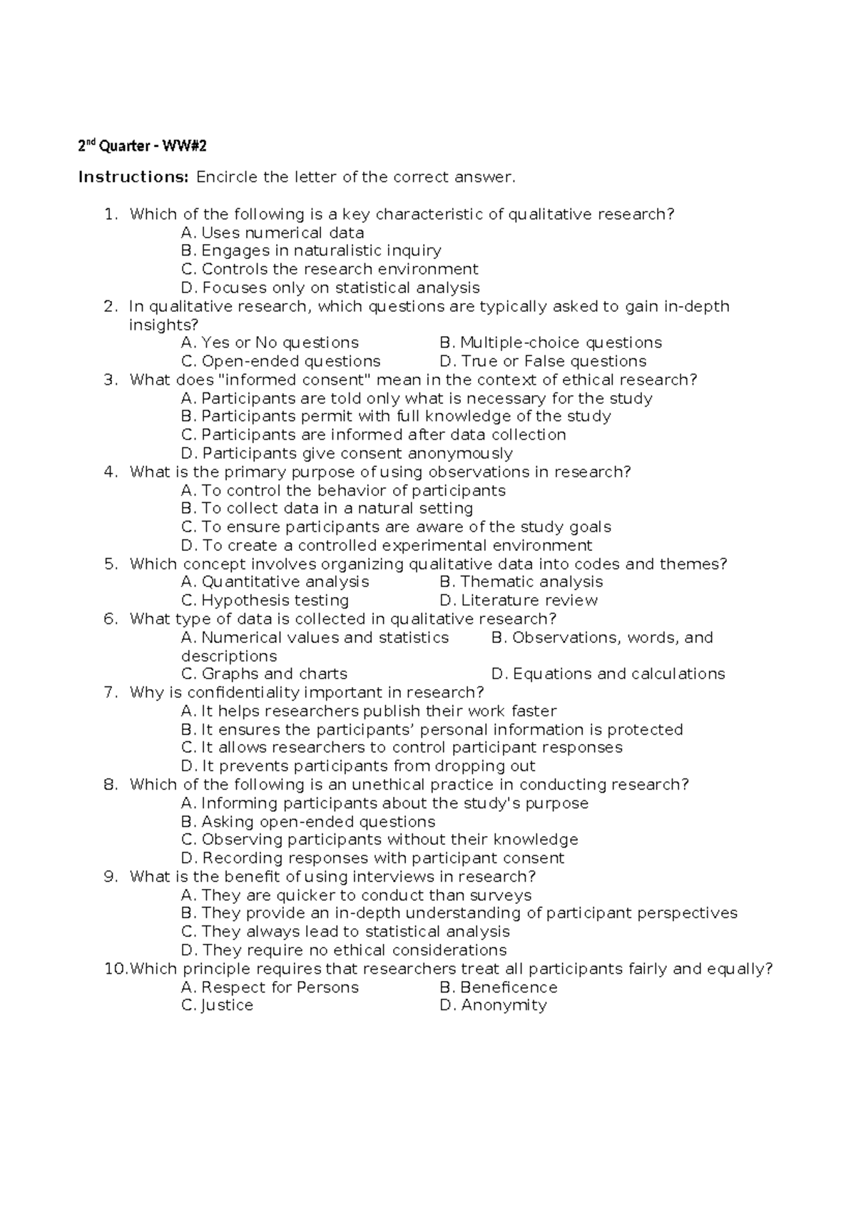2nd Quarter PR1 - Key Characteristics of Qualitative Research - Studocu