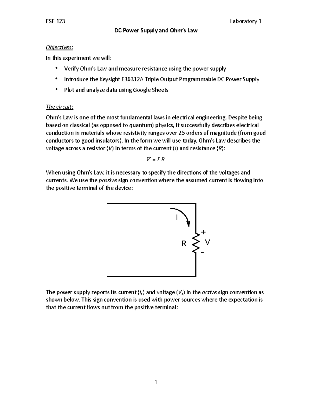 ESE 123 Laboratory 1: DC Power Supply & Ohm's Law Experiment - Studocu