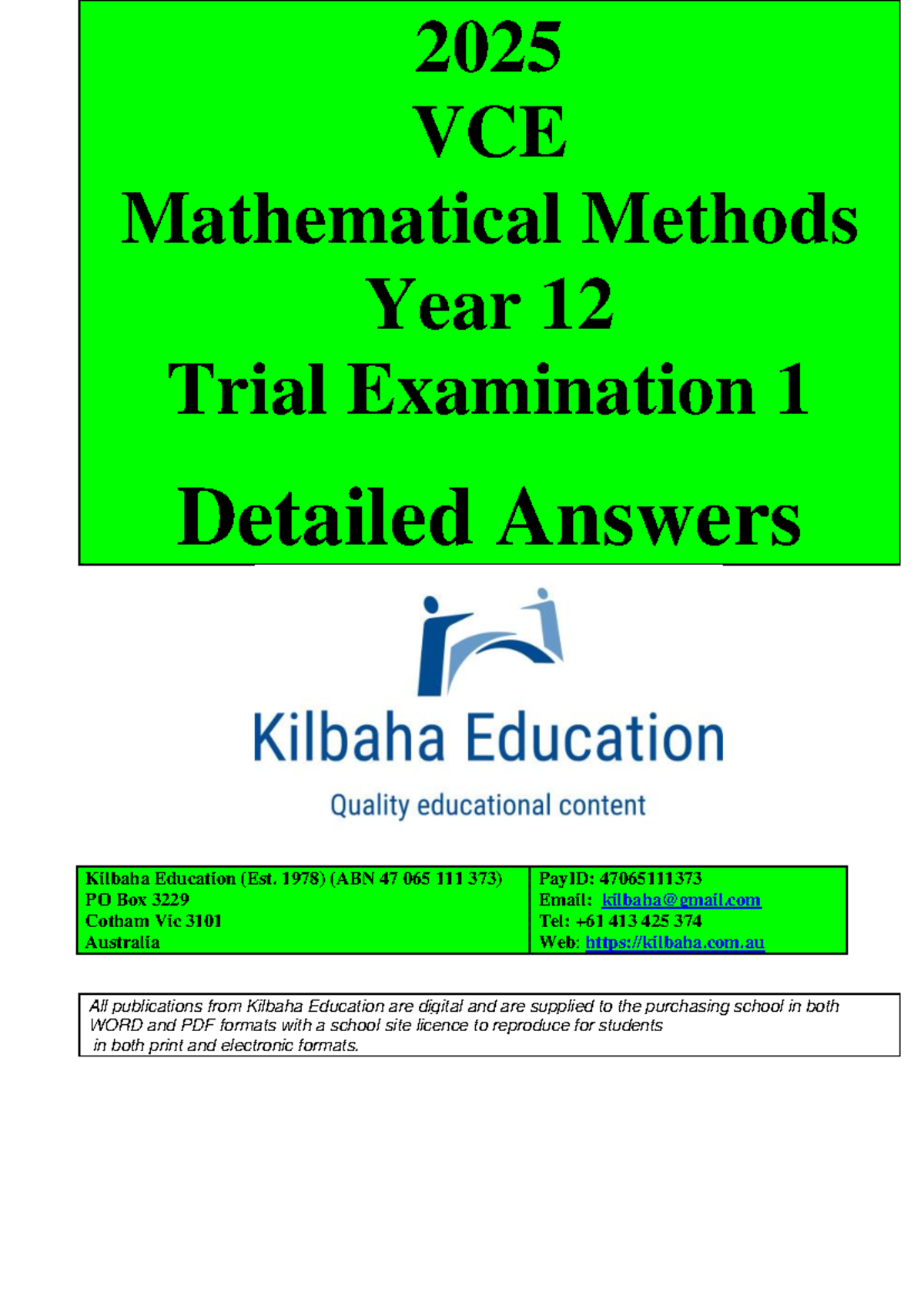 2025 VCE Mathematical Methods Trial Exam 1 Solutions - Kilbaha ...