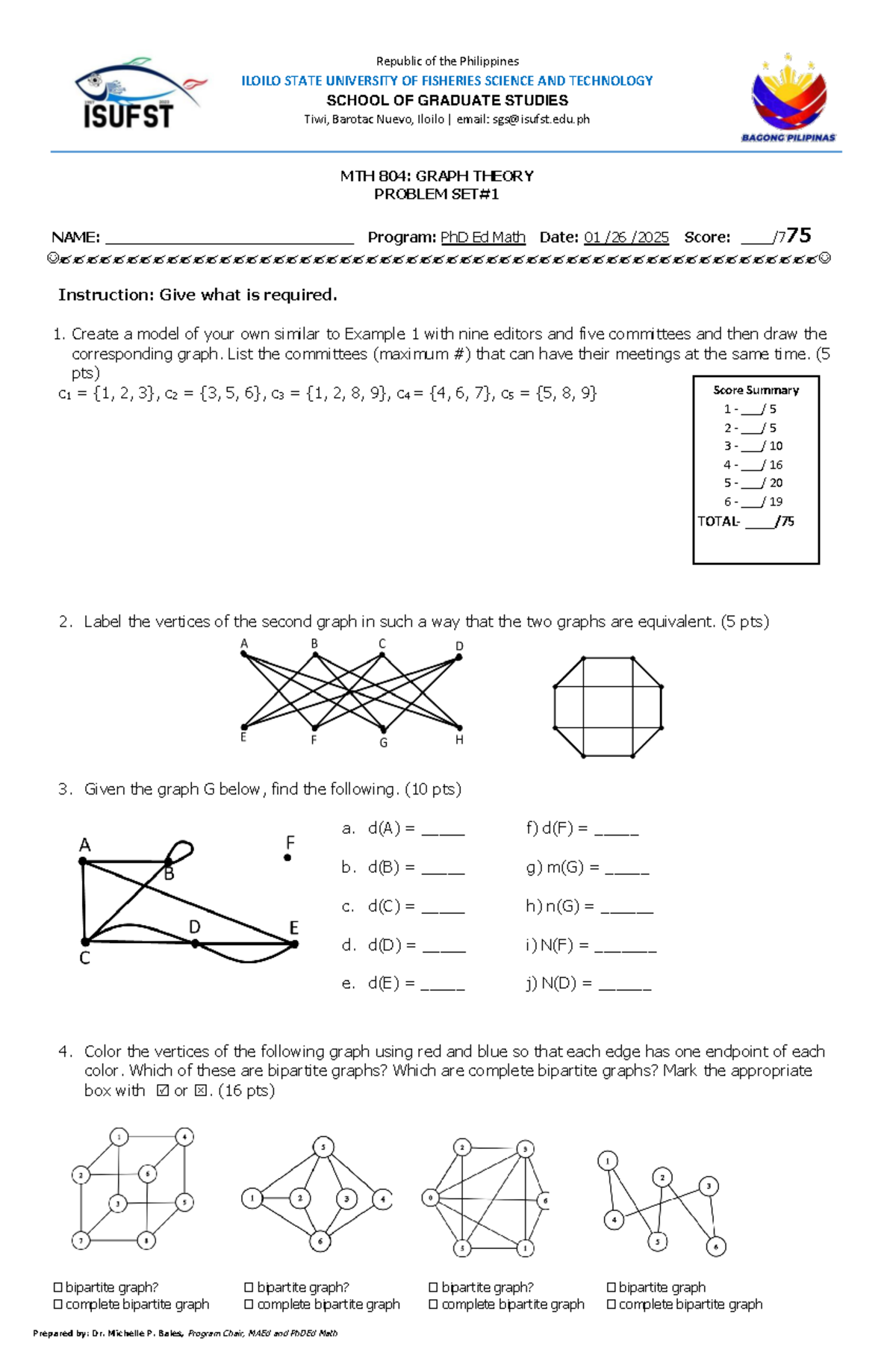 MTH 804: Graph Theory Problem Set 1 - Model & Graph Analysis - Studocu