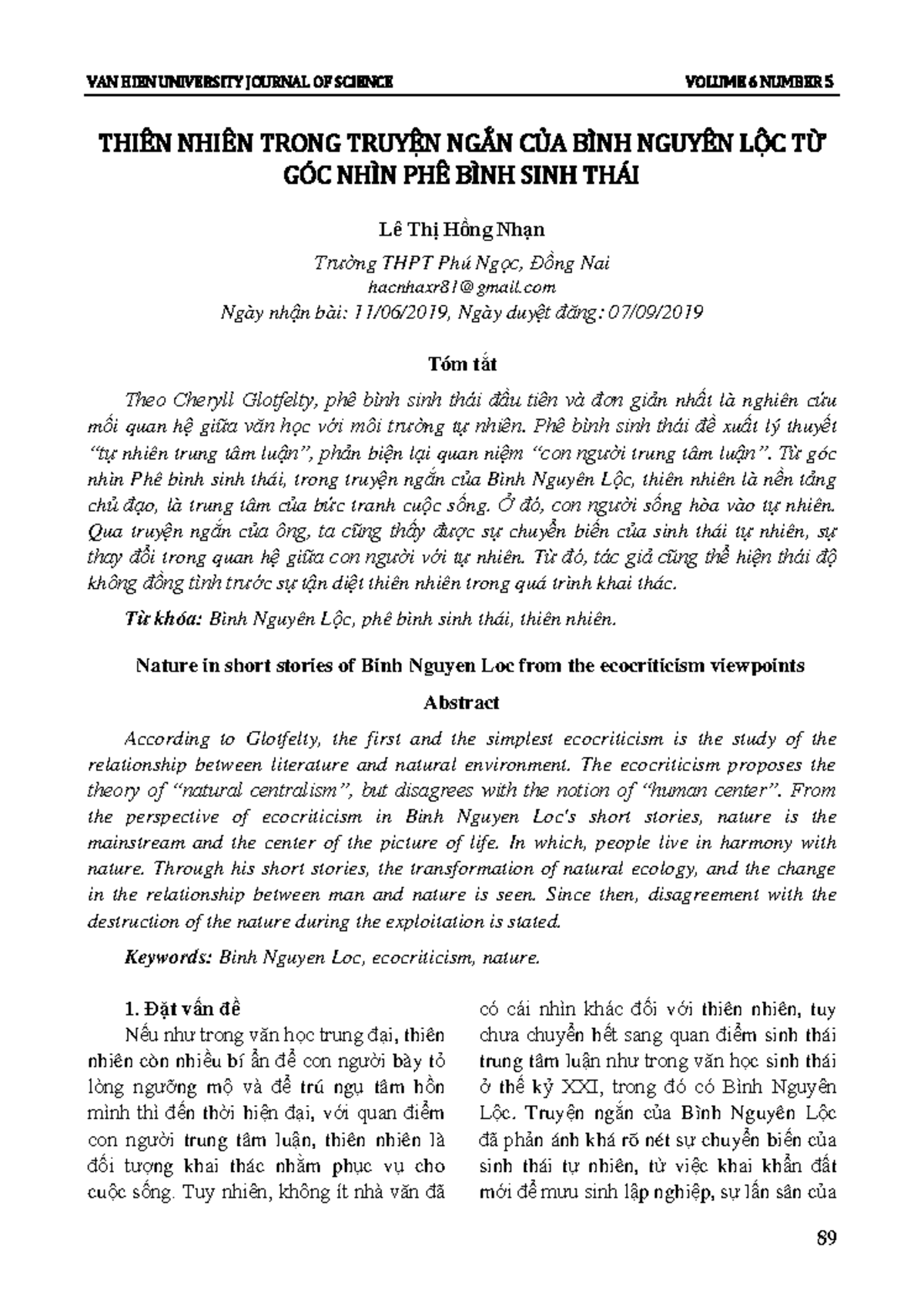 VAN HIEN UNIVERSITY JOURNAL OF SCIENCE VOLUME 6 NUMBER 5: Ecocriticism ...