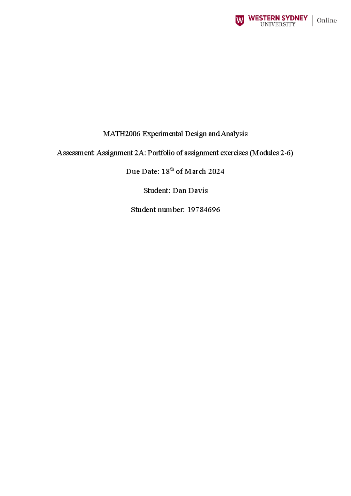 MATH2006 Experimental Design & Analysis Assessment 2A Portfolio Guide ...