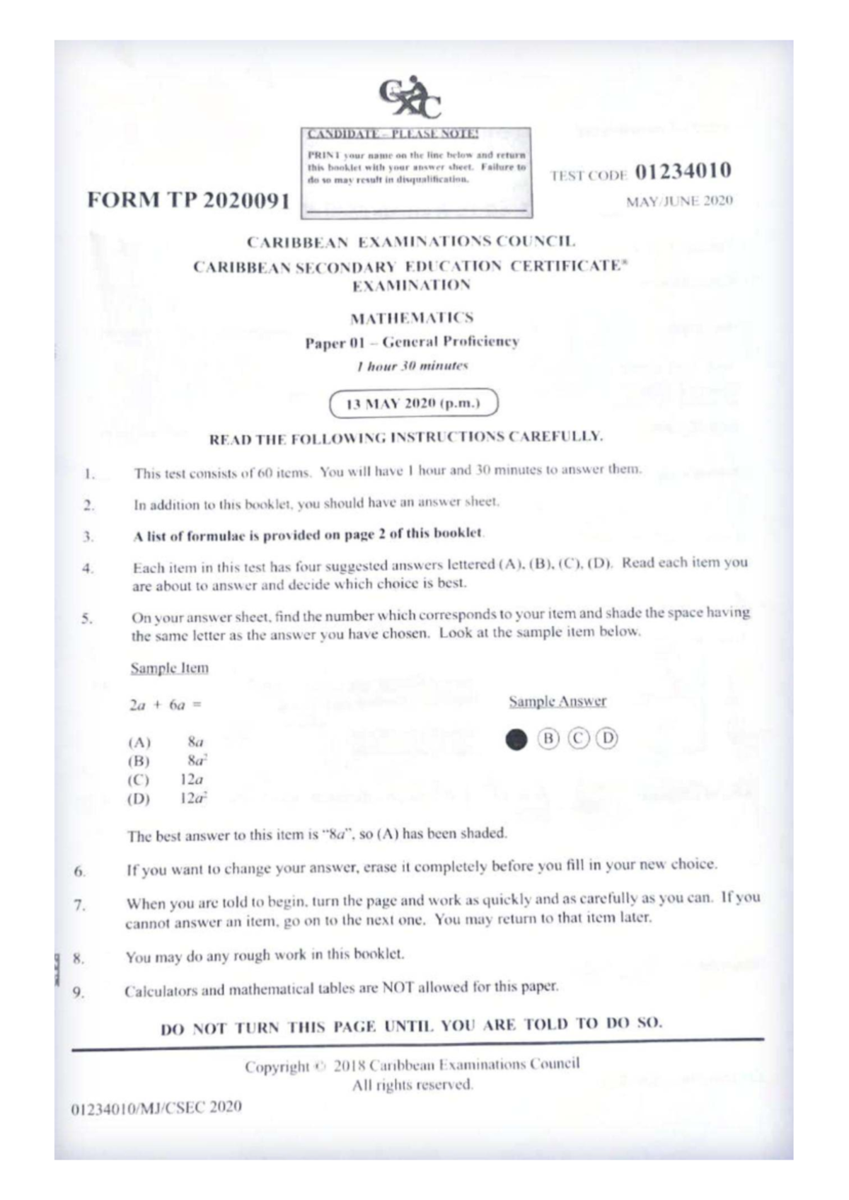CSEC Mathematics Paper 01 General Proficiency Exam 2020 - Studocu
