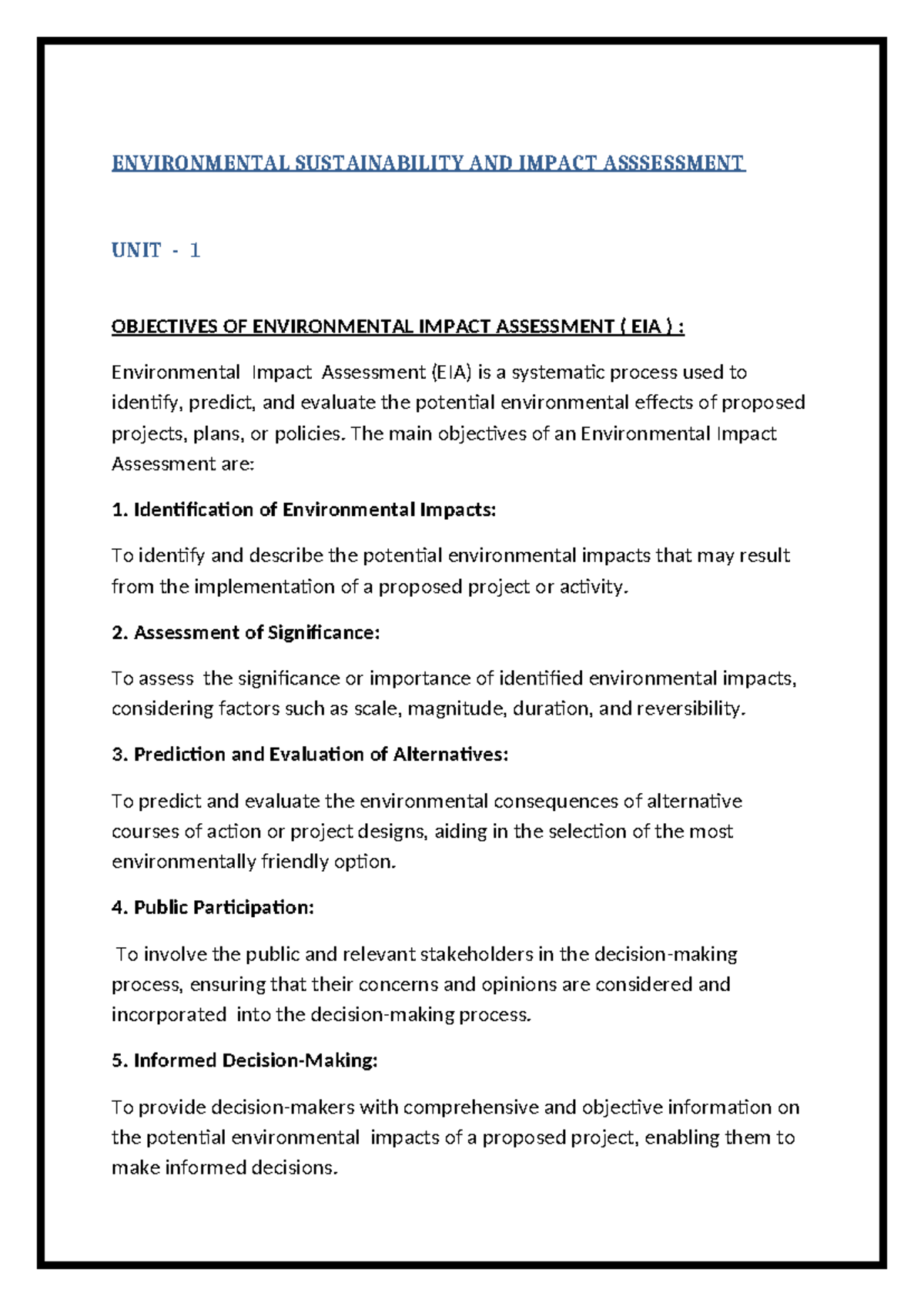 Environmental Sustainability & Impact Assessment: Unit 1 Overview - Studocu