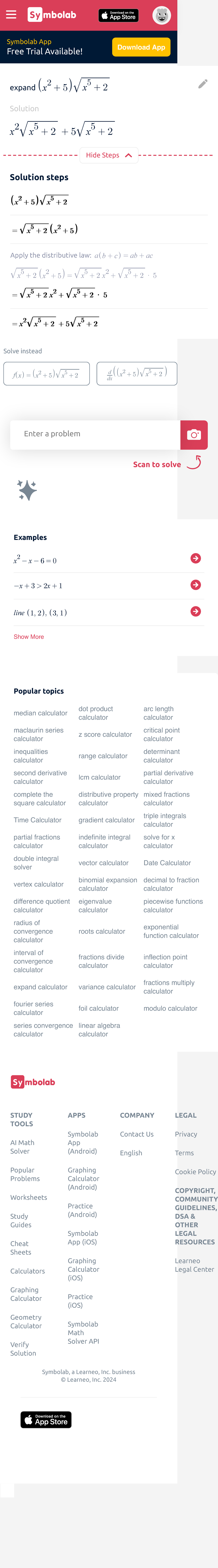 (x^2+5)sqrt(x^5+2) - Integral calculus - Symbolab App Free Trial ...