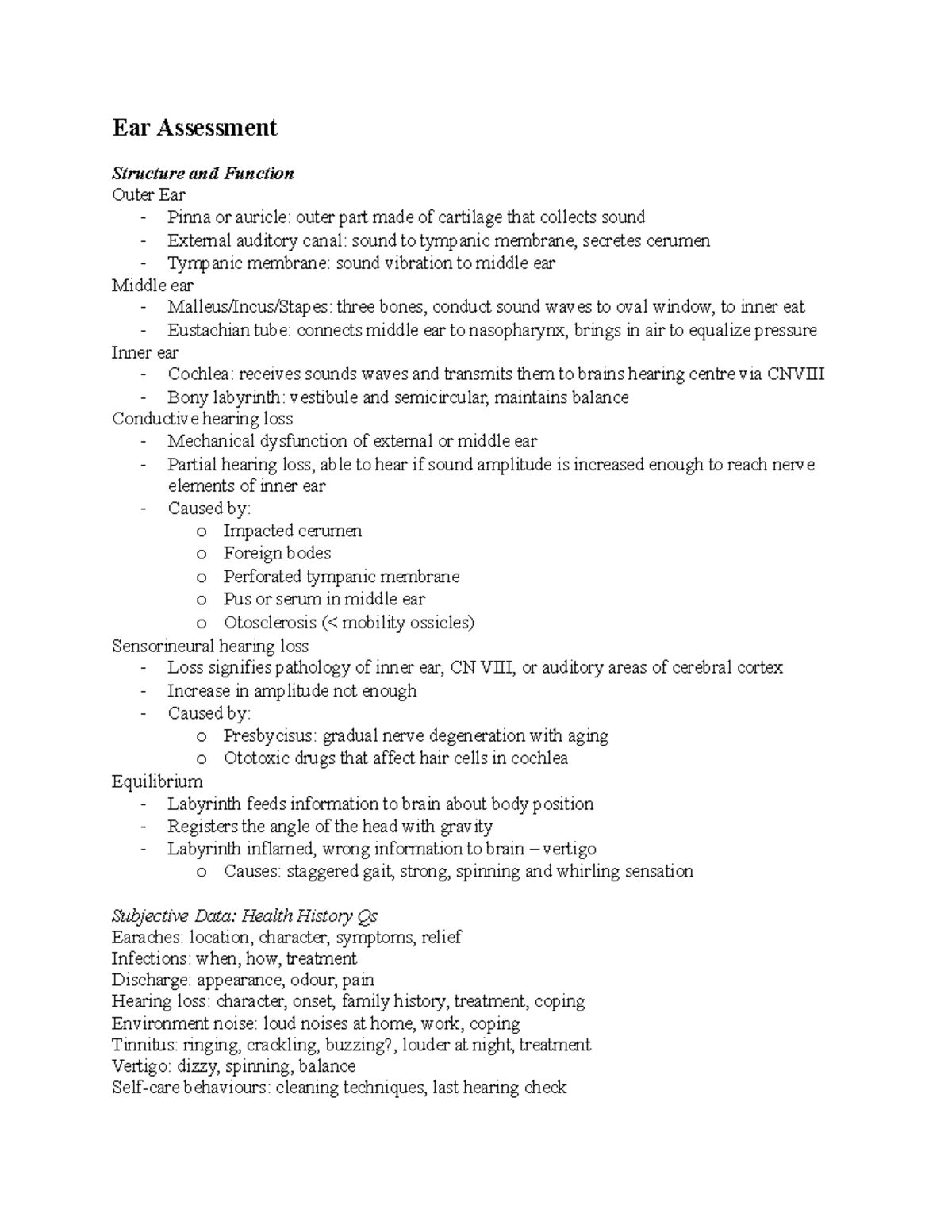 Ear Assessment Study Sheet - Ear Assessment Structure and Function ...