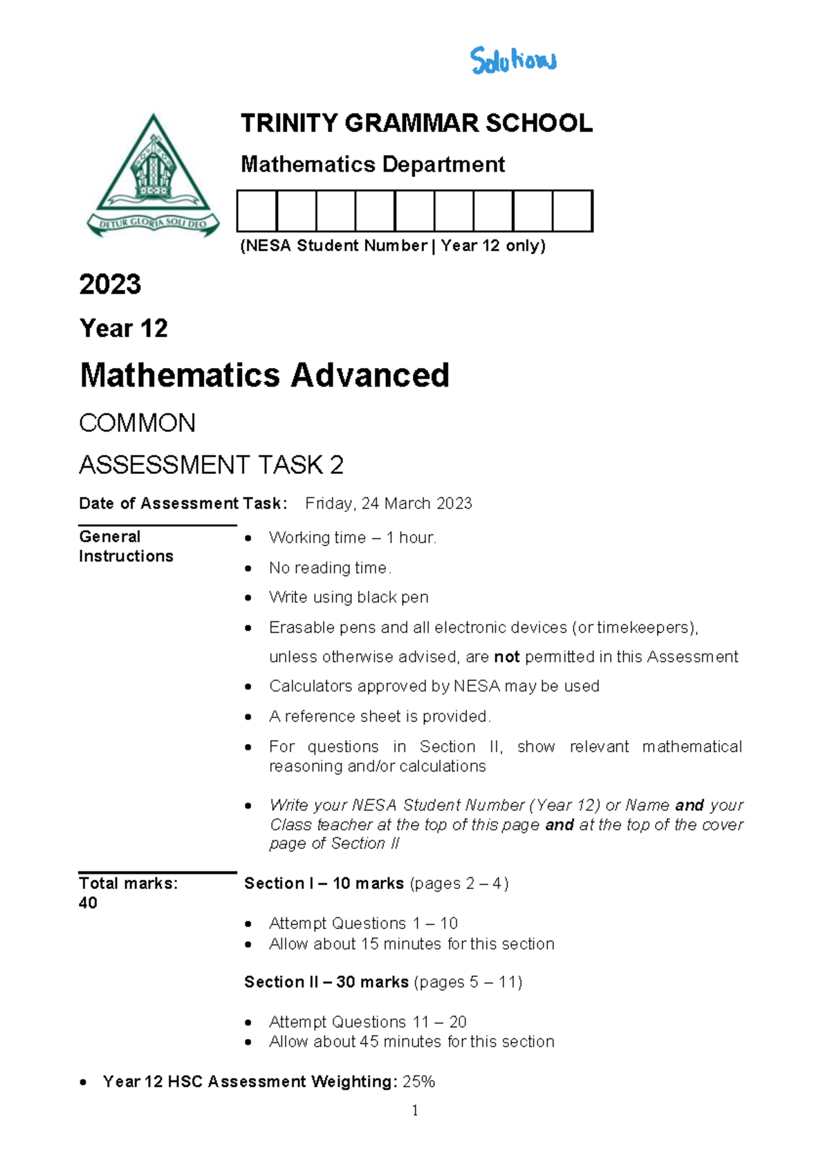 2023 Year 12 Mathematics Advanced Task 2 Solutions - Studocu