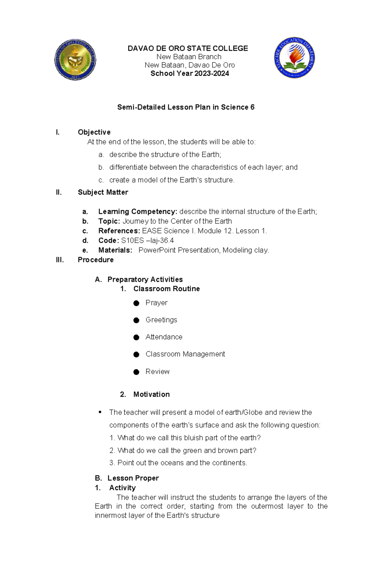 Semi-Detailed Lesson Plan: Journey to the Earth’s Structure for Sci 6 ...