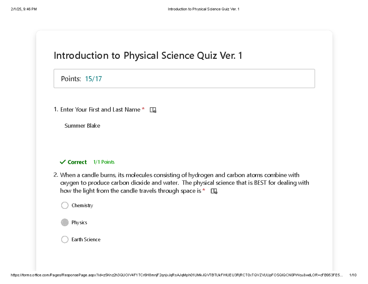 Introduction to Physical Science Quiz (Version 1) - 1 Points: 15/ 1 ...
