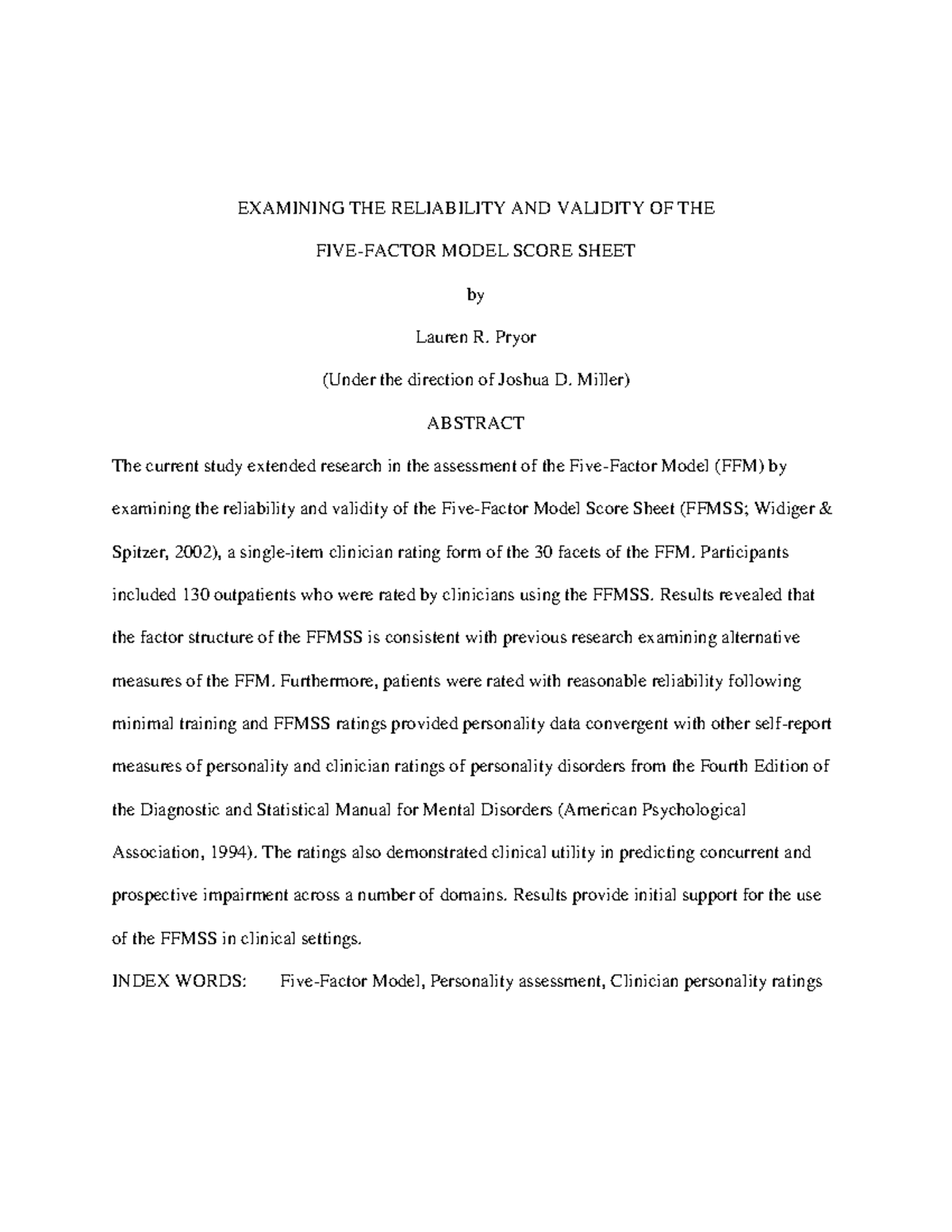 Reliability and Validity of the FFM Score Sheet (PSY 501) - Studocu