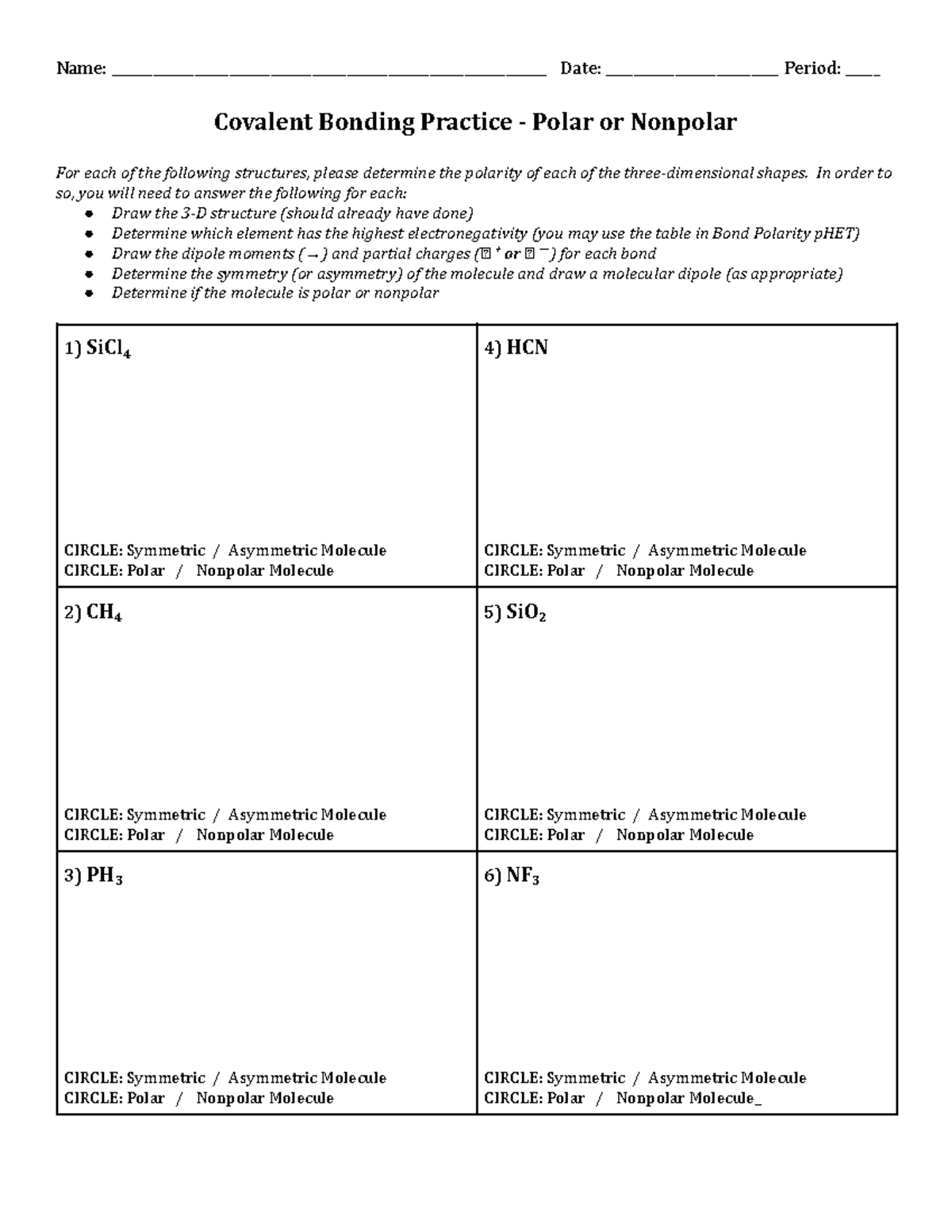 P) Covalent Bonding Practice # 1 (Polar or Nonpolar) - Name: - Studocu