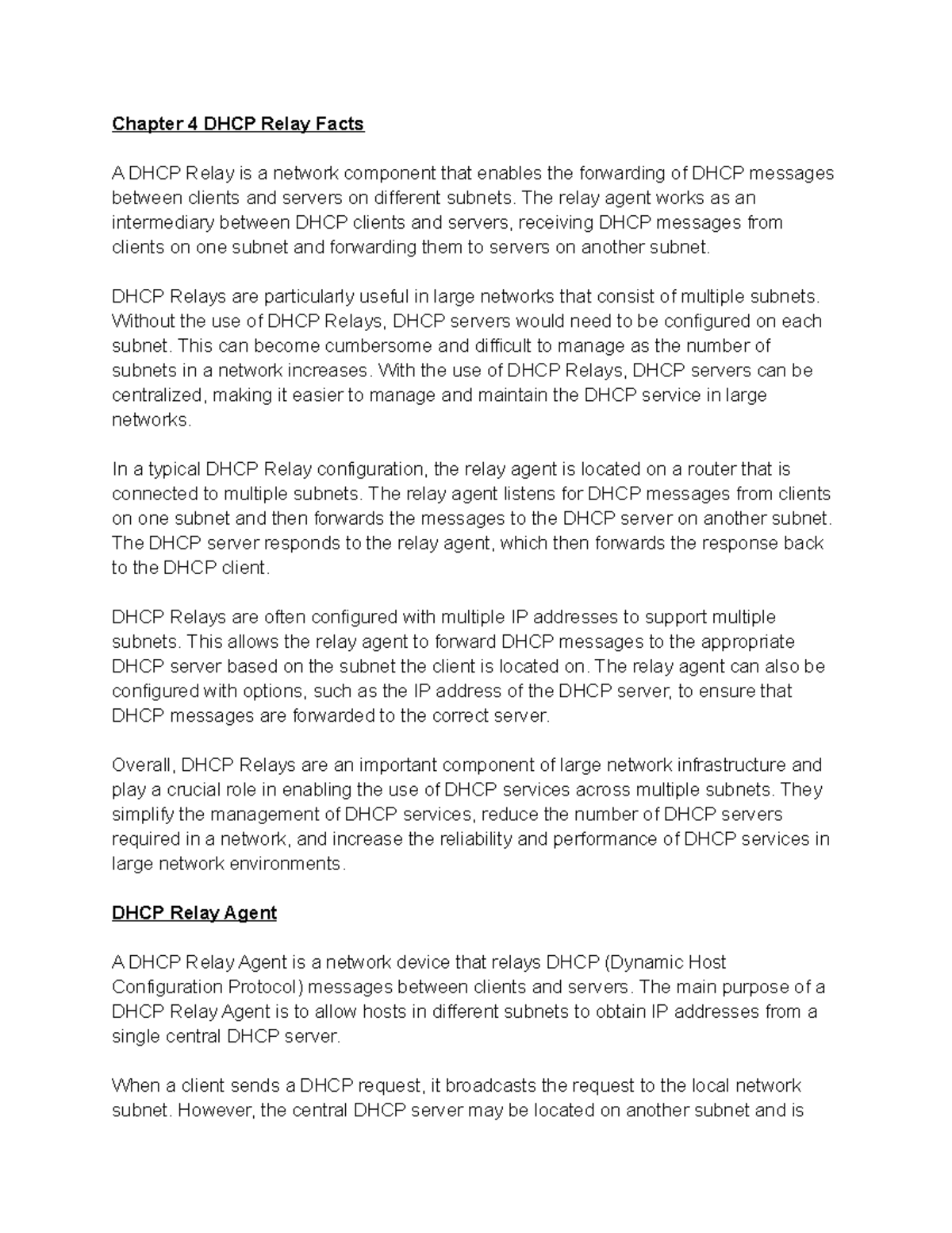 Chapter 4 Dhcp Relay Facts Chapter 4 Dhcp Relay Facts A Dhcp Relay Is A Network Component That