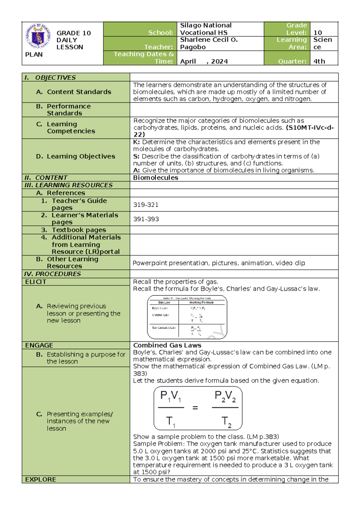 Science 10-DLP9-Lesson Plan on Proteins & Nucleic Acids - Studocu