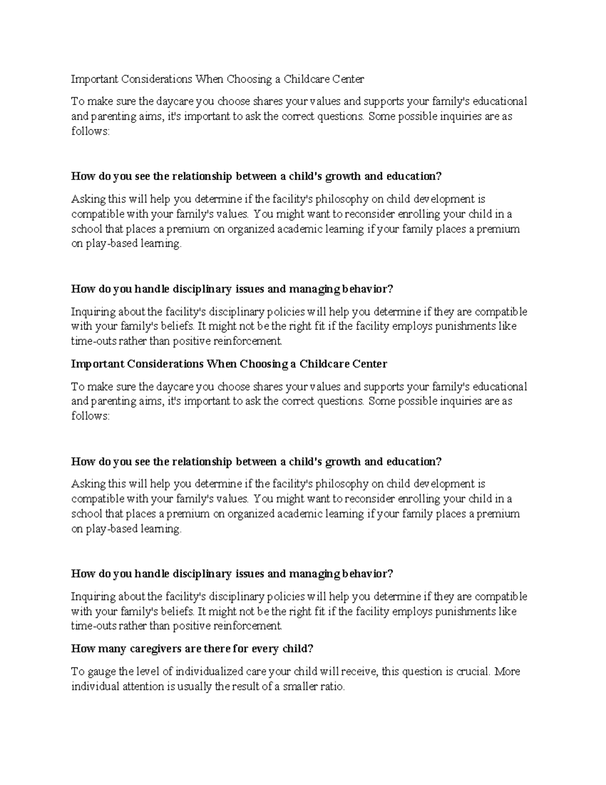ECE 532 Topic 1: Key Questions for Choosing a Childcare Center - Studocu