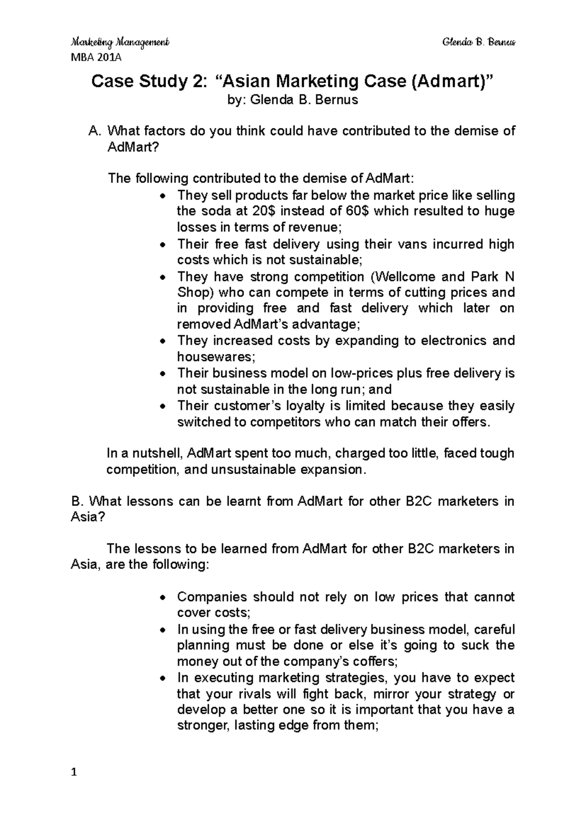 MBA 201A Case Study 2: Lessons from AdMart's Demise in Marketing Management - Studocu