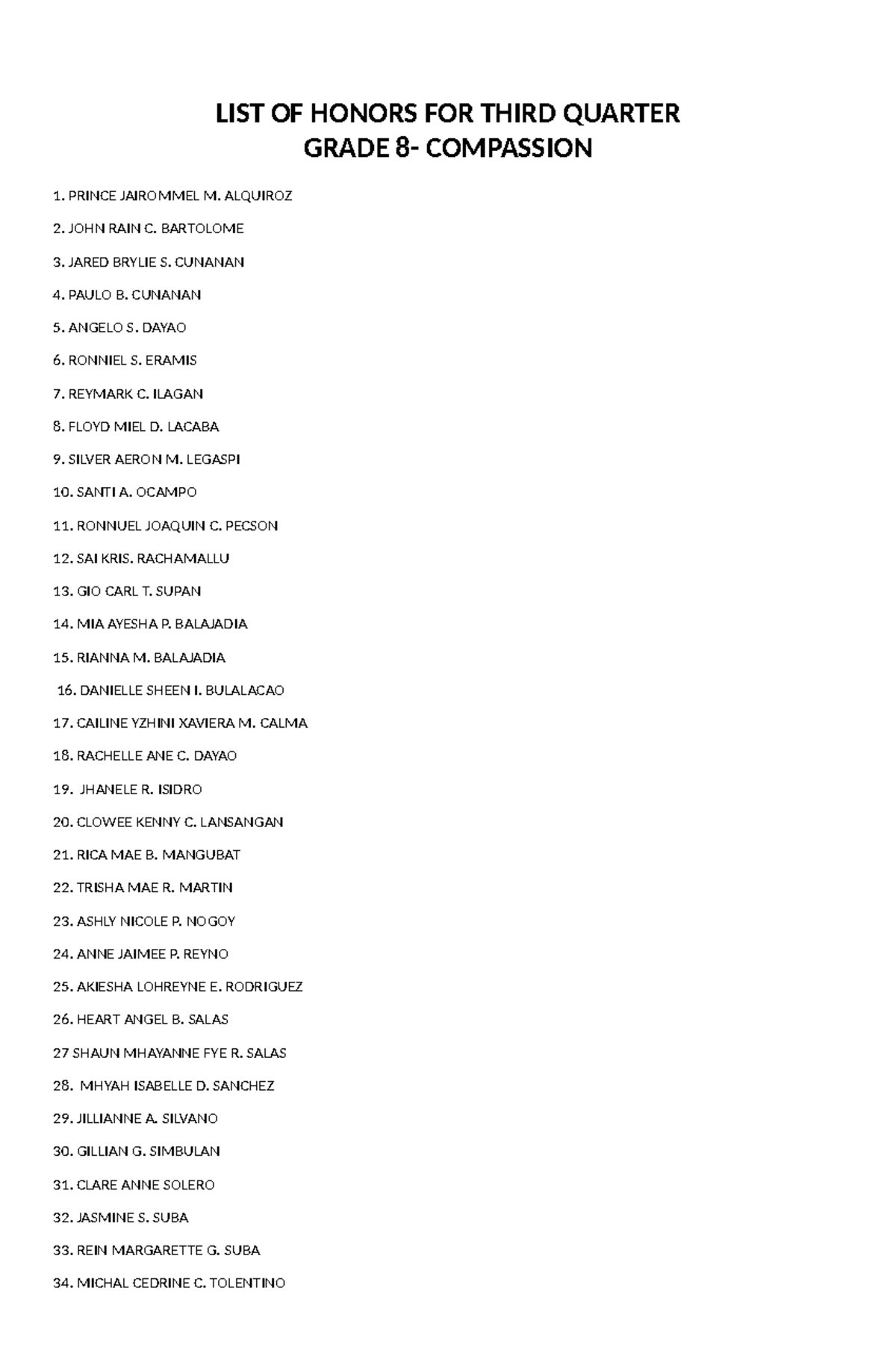 LIST OF Honors FOR Third Quarter 8- Compassion - LIST OF HONORS FOR ...