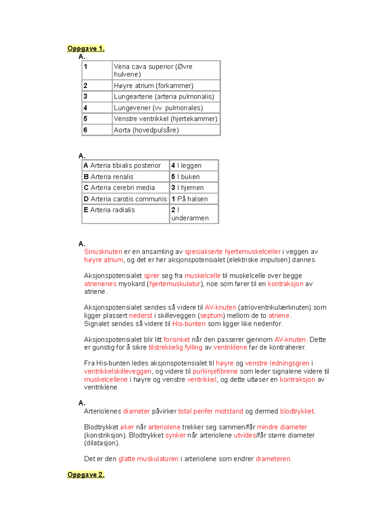 Anatomi eksamen desember 2019 - Oppgave 1. A. 1 Vena cava superior ...