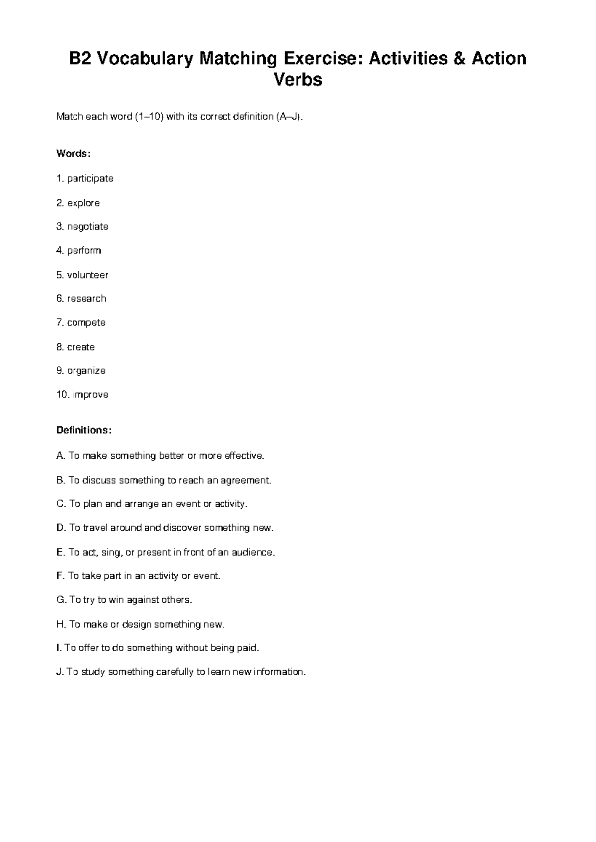 B2 Vocabulary Matching Exercise: Action Verbs Definitions Match - Studocu