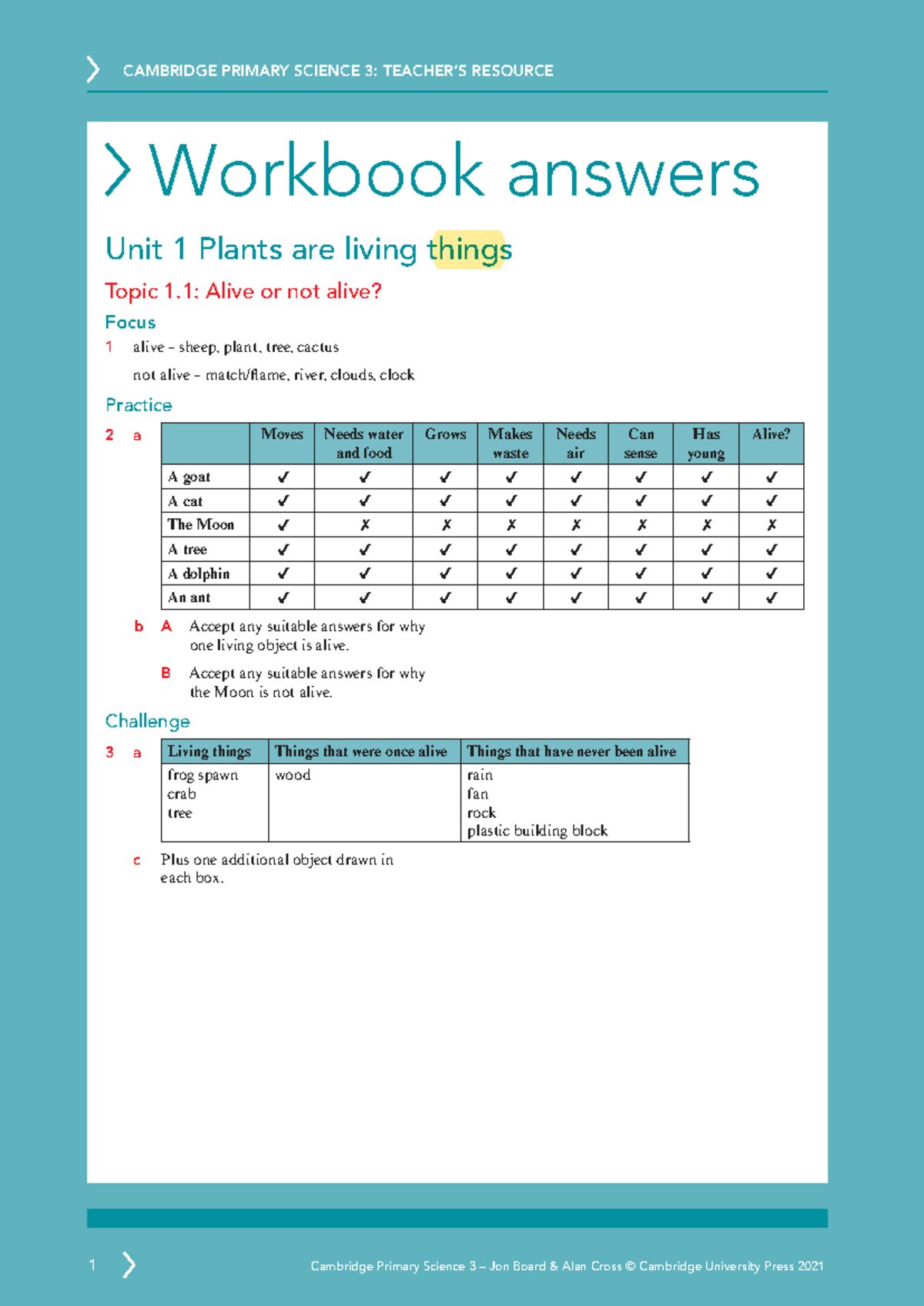 CAMBRIDGE PRIMARY SCIENCE 3: RESOURCE Answers for Unit 1 to Unit 6 ...