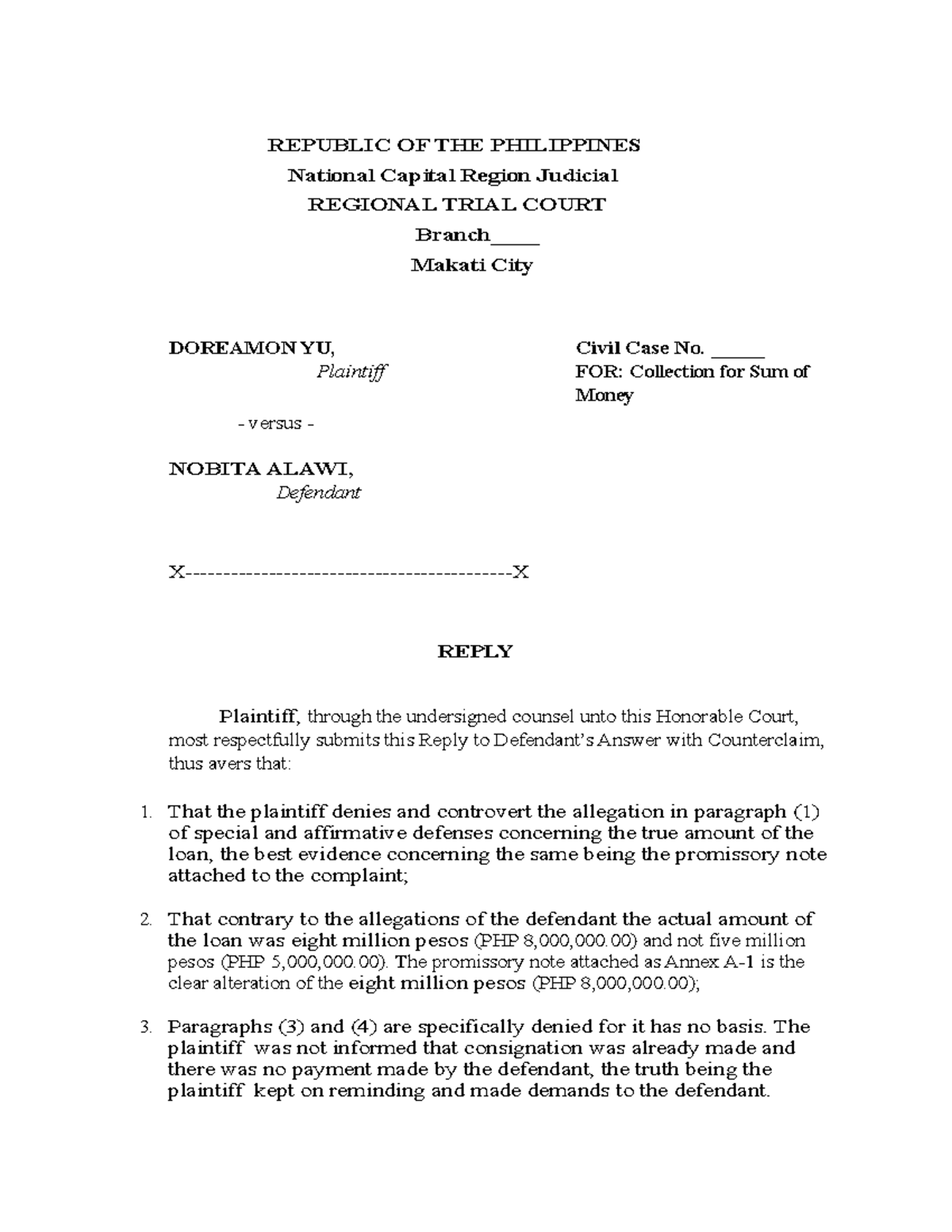 Sample of Reply to a Complaint - REPUBLIC OF THE PHILIPPINES National ...
