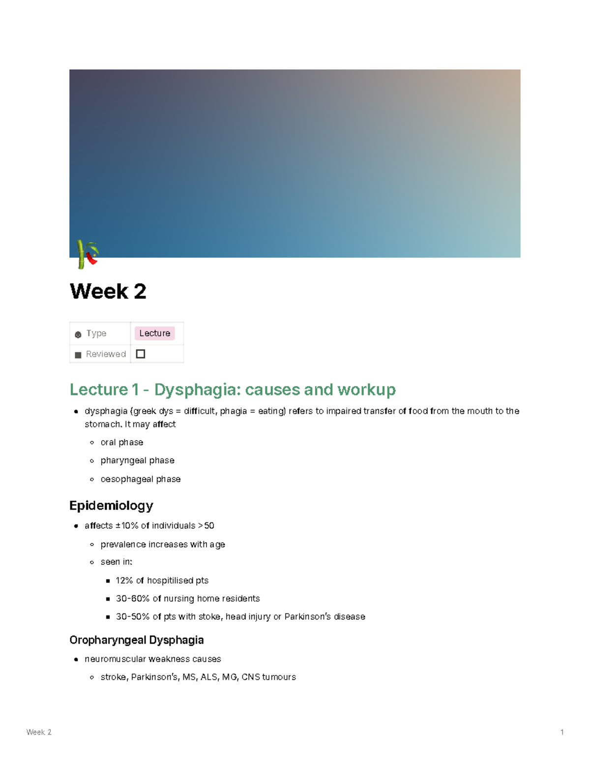 Week 2 Lecture Notes: Dysphagia Causes, Workup, and Management - Studocu