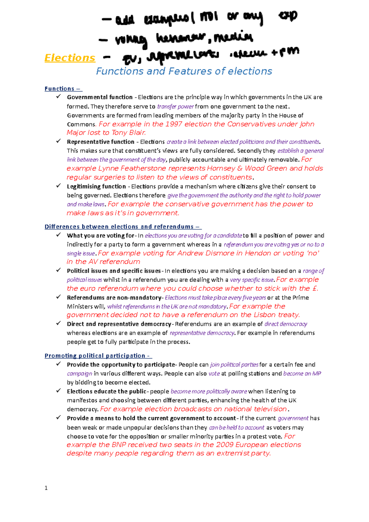 Edexcel AS Government & Politics: Elections and Electoral Systems Notes ...